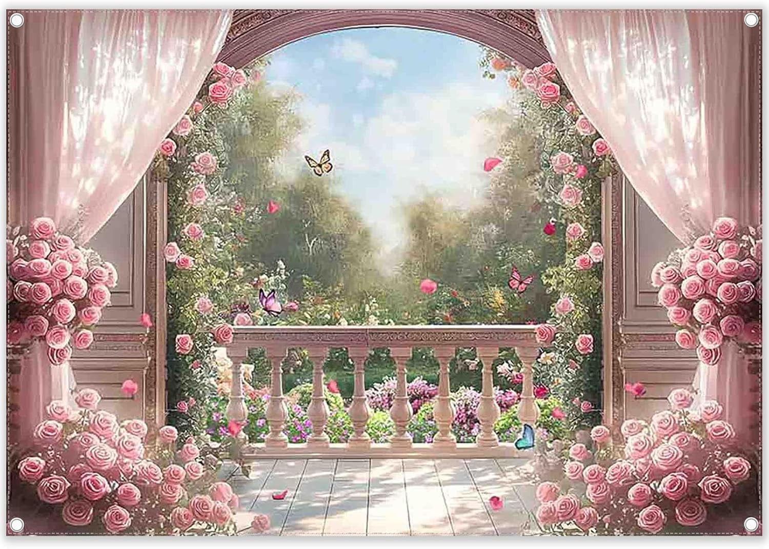 Fabric Spring Scenery Terrace Backdrop Pink Roses Butterfly Floral ...