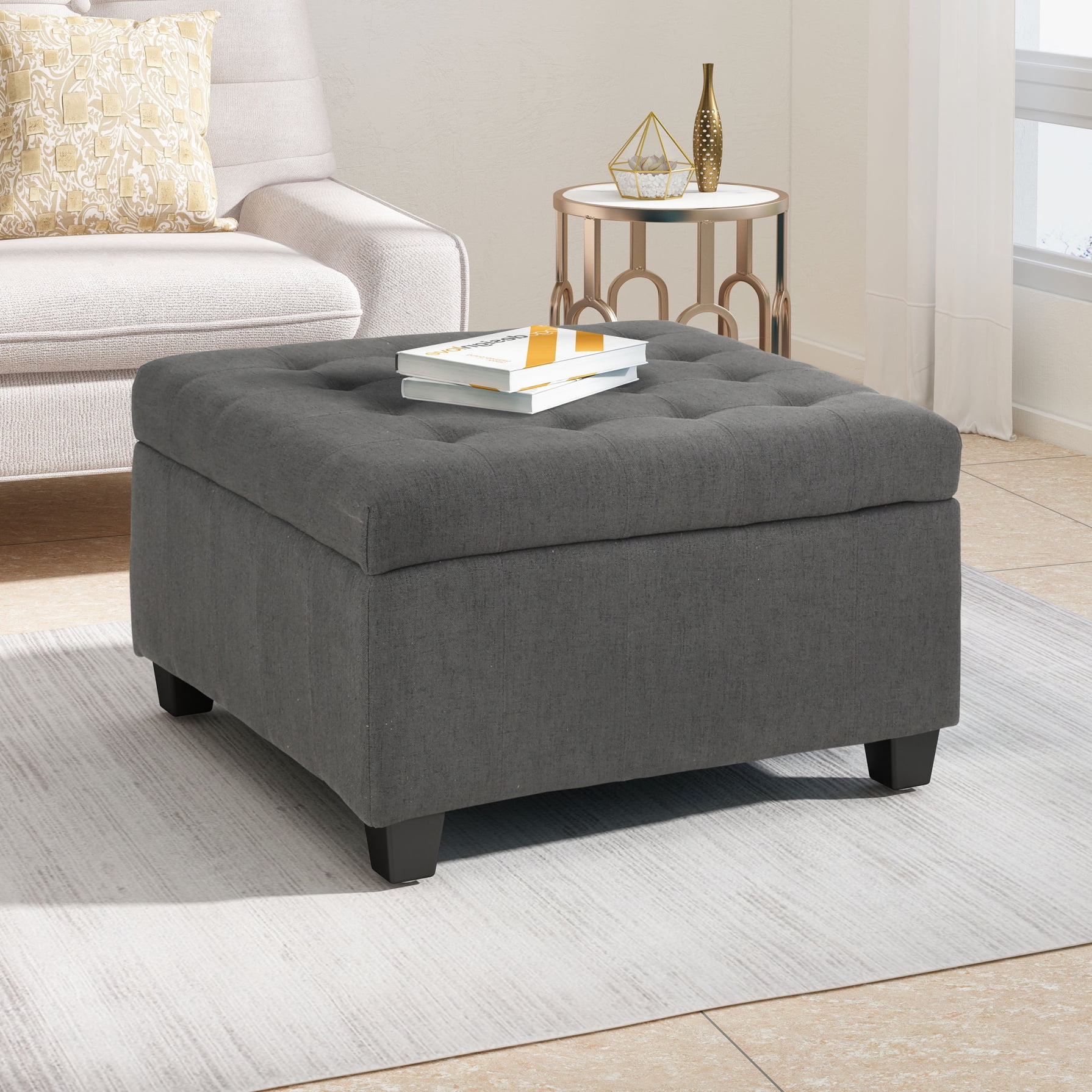 Fabric Square Ottoman with Storage, Small Tufted-Button Finish Top ...