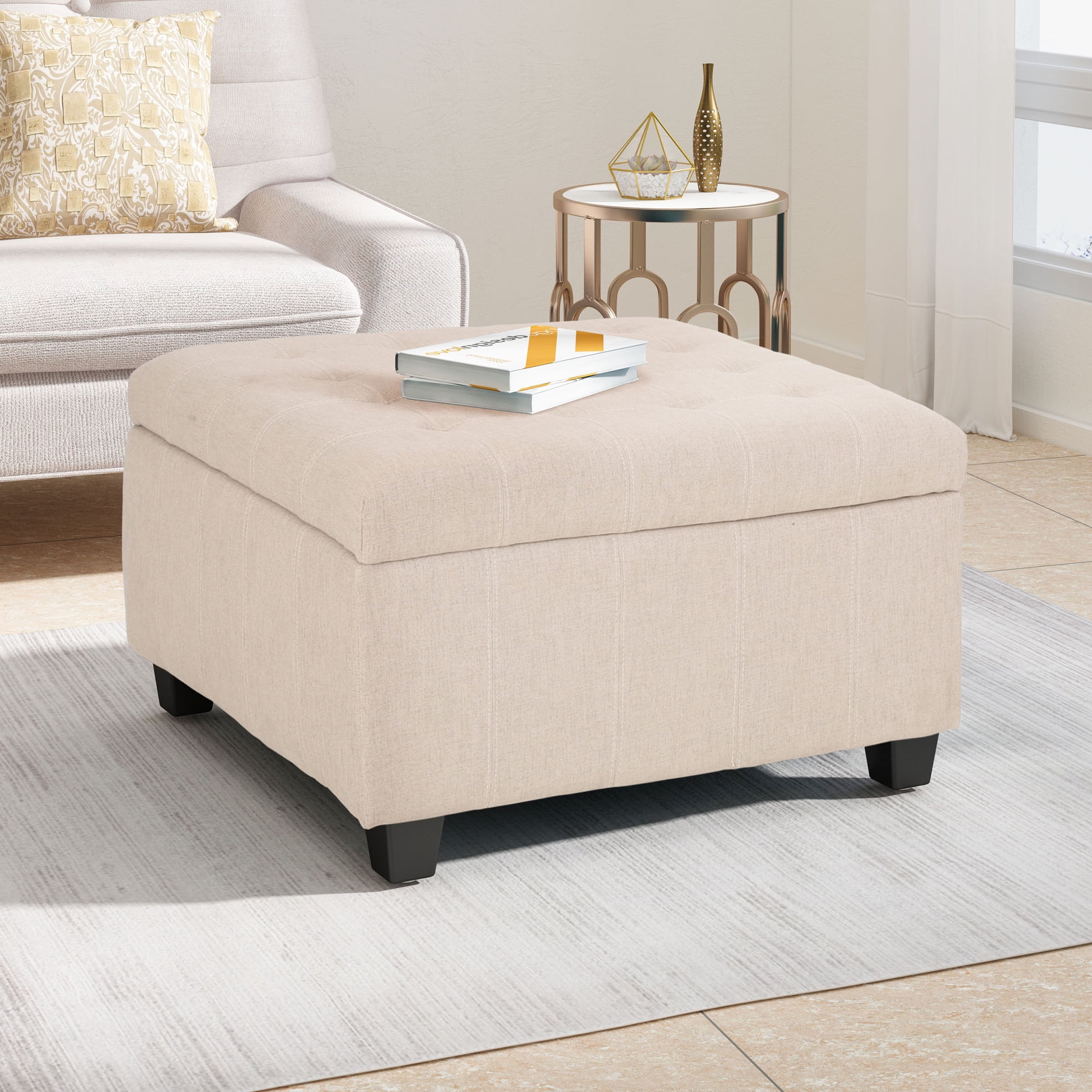 Fabric Square Ottoman with Storage, Small Tufted-Button Finish Top ...