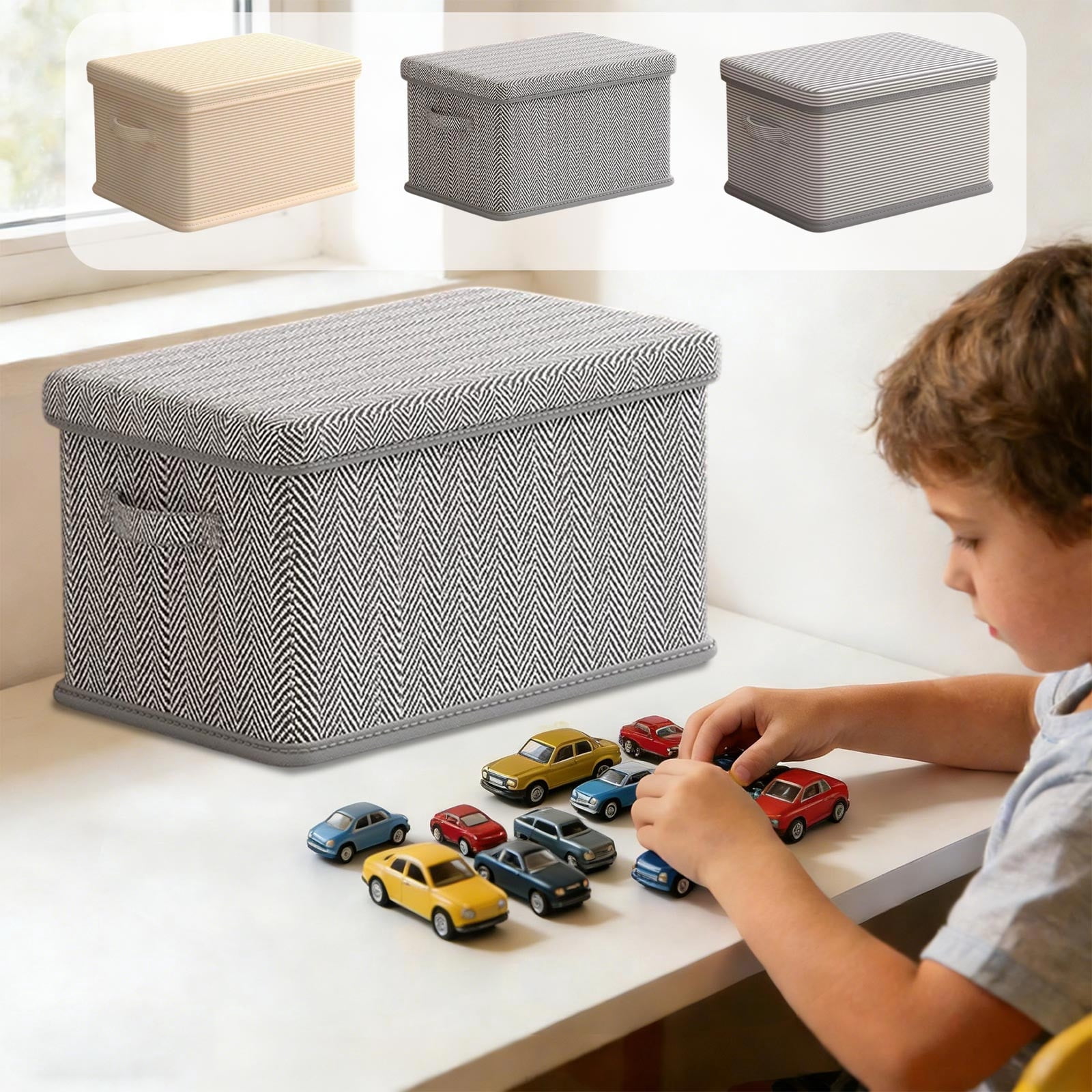 Fabric Storage Box Medium Lidded Storage Box Striped Clothing Organizer ...