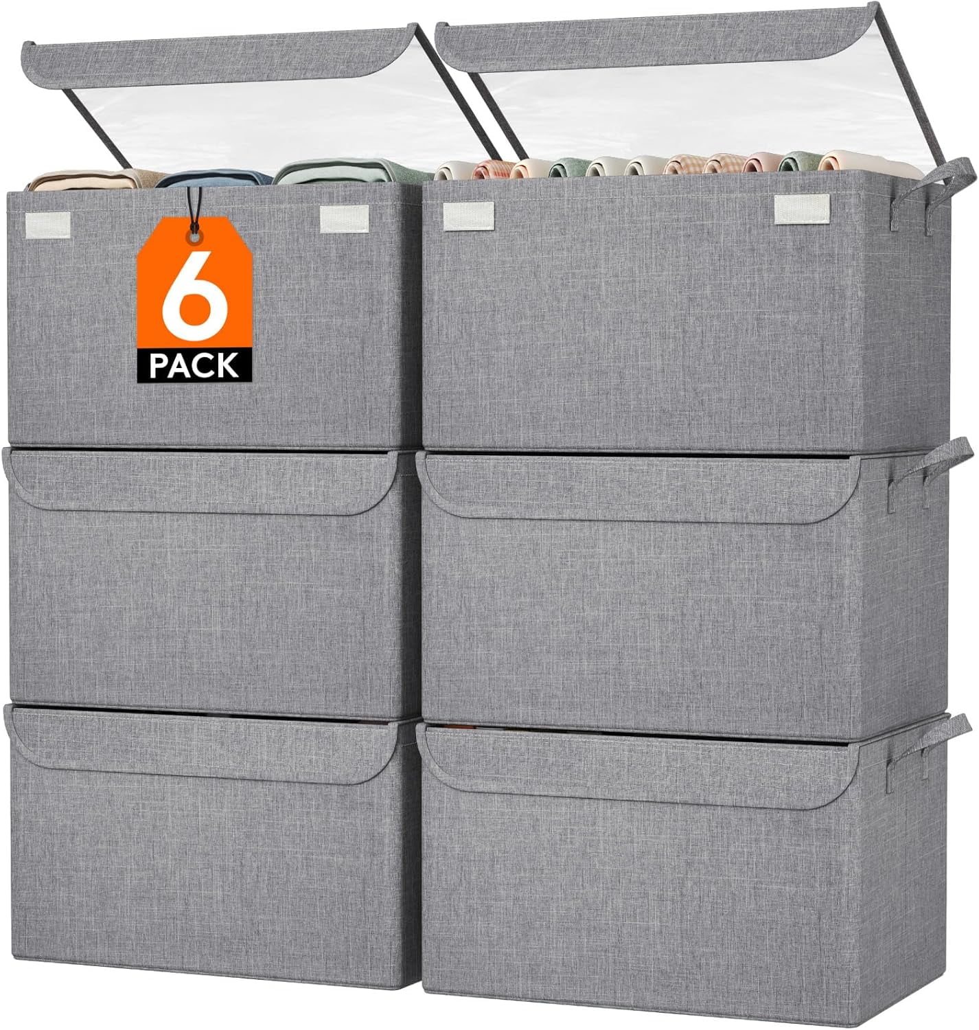 Fabric Storage Boxes 6 Pcs, Stackable Storage Bins with Clear Lids ...