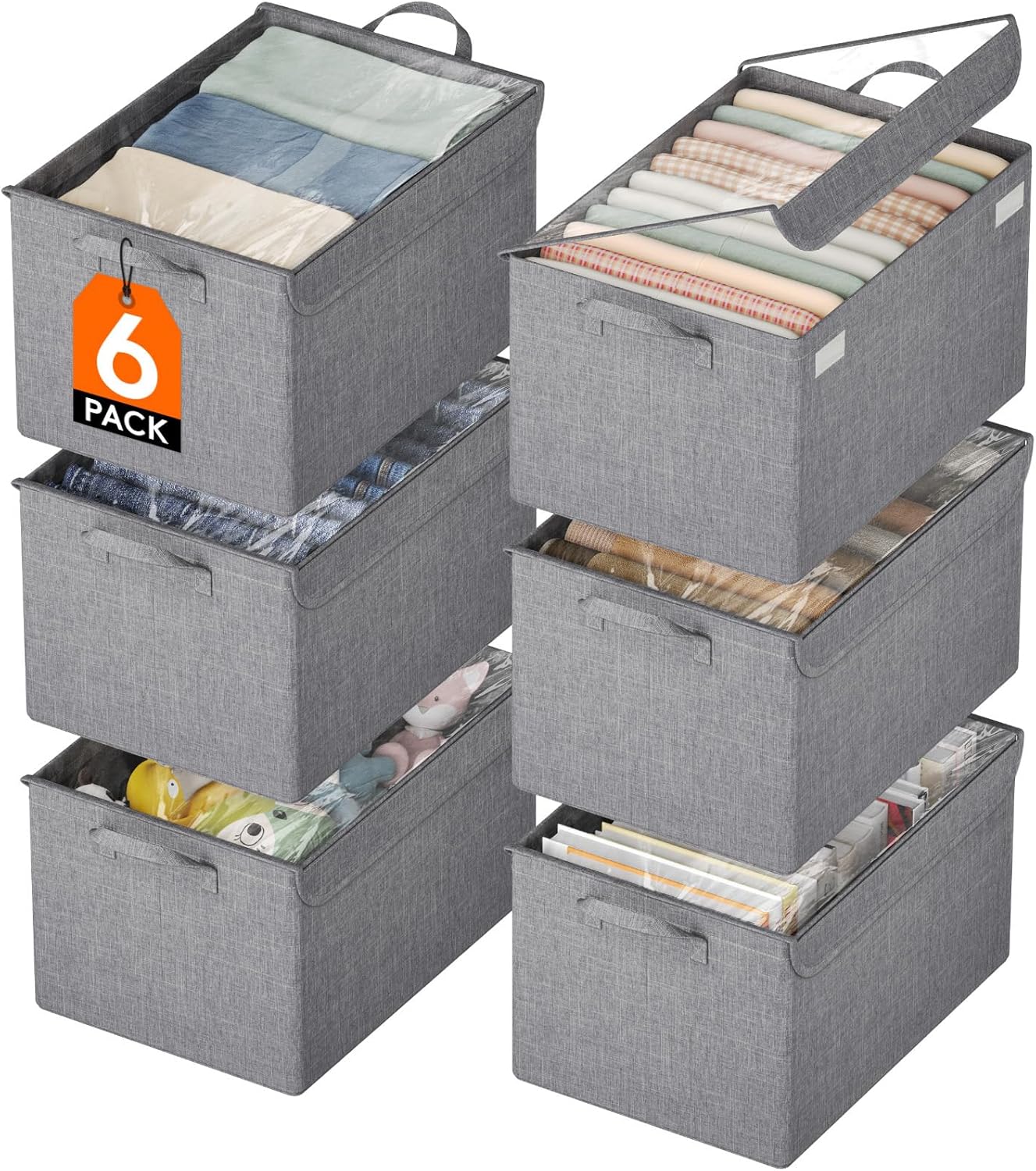 Fabric Storage Boxes 6 Pcs, Stackable Storage Bins with Clear Lids ...