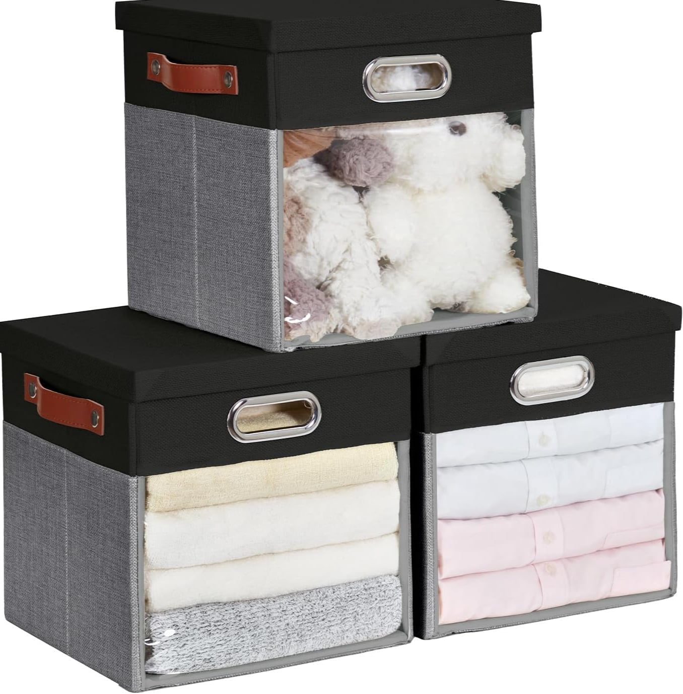 Fabric Storage Cubes with Clear Windows and Lids, 13'' Foldable Storage ...