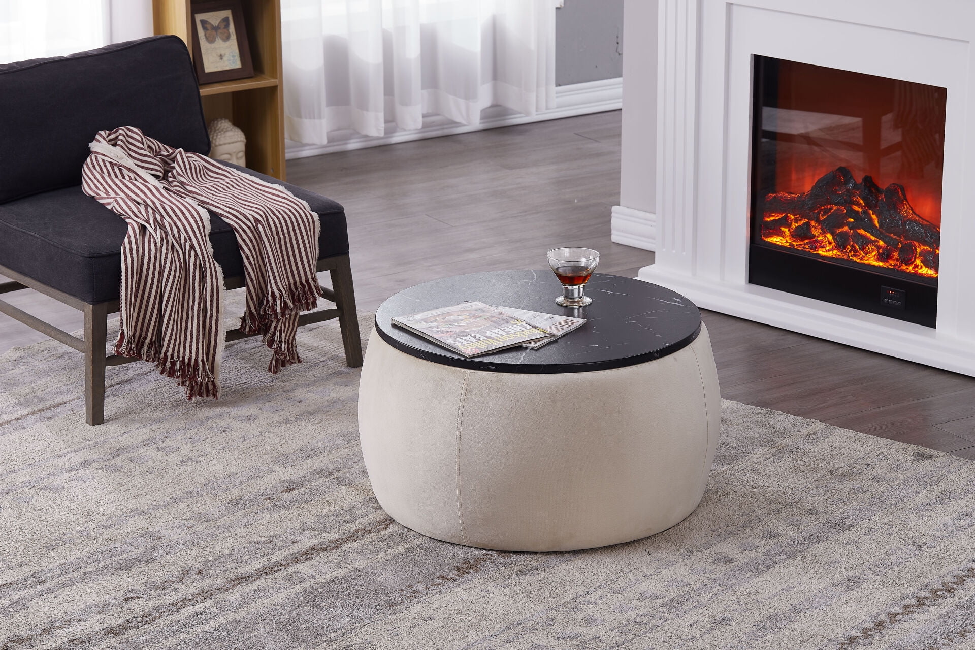 Fabric Storage Ottoman, 3-in-1 Round Coffee Table with Removable Marble ...