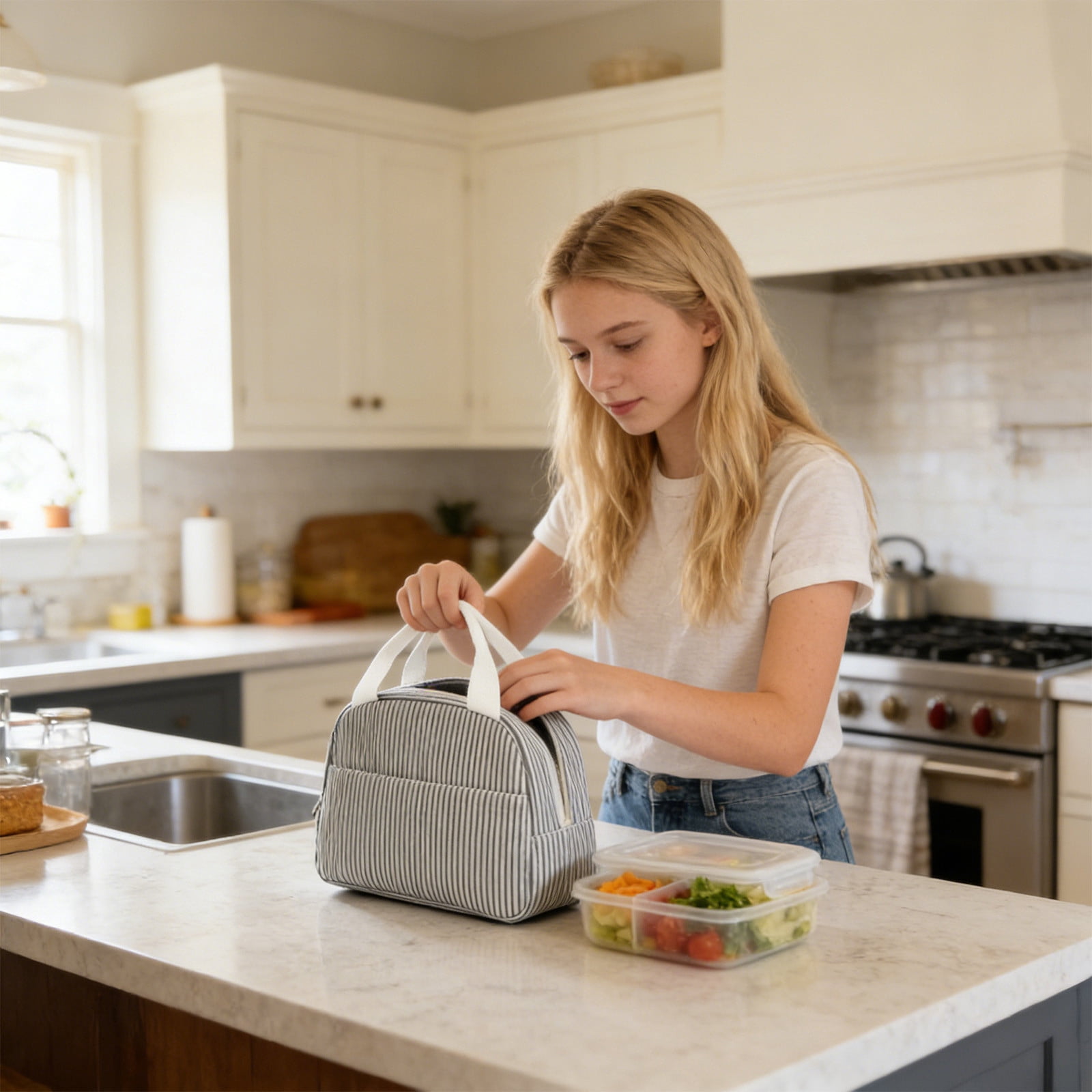 Fabric Striped Lunch Bag Large Capacity Insulated Lunch Box Bag ...