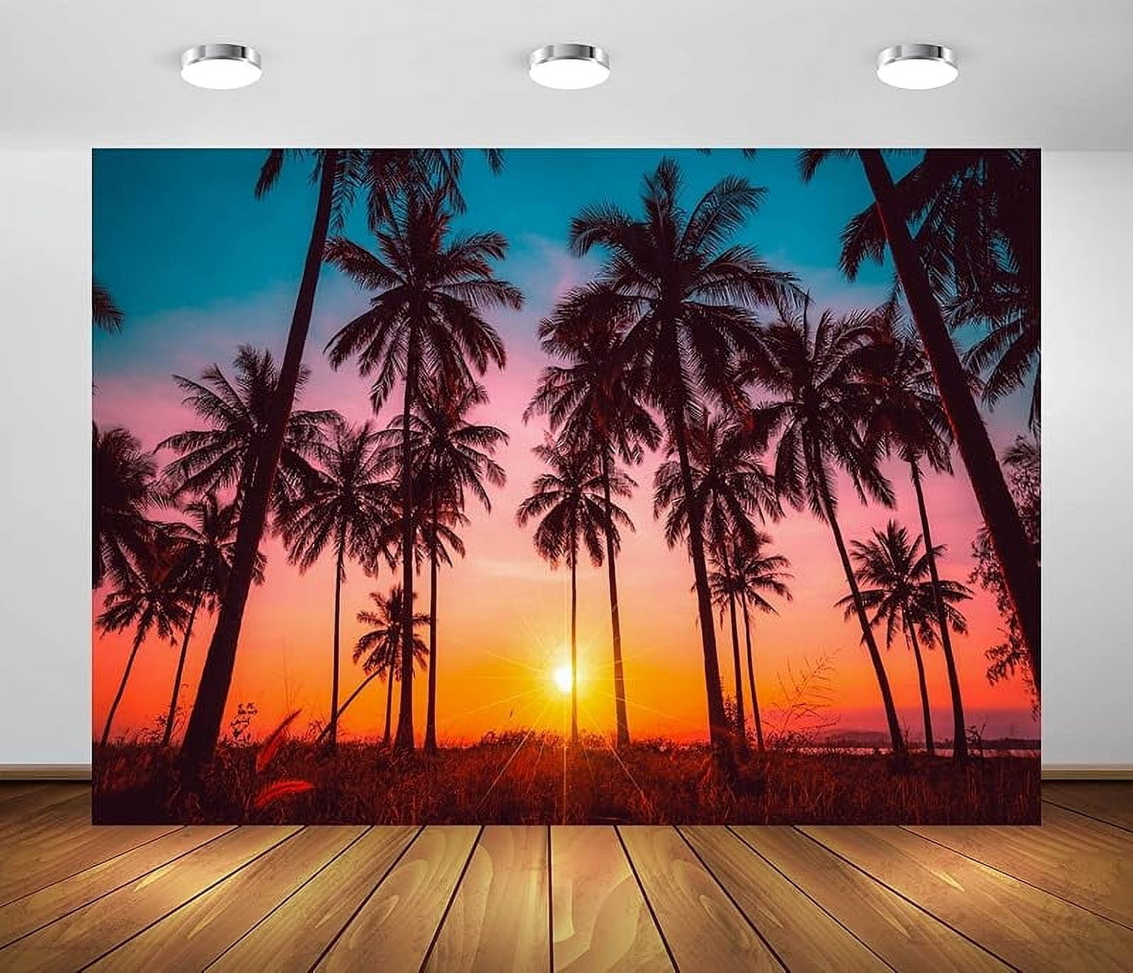 Fabric Sunset Beach Backdrop Tropical Seaside Coconut Palm Trees ...