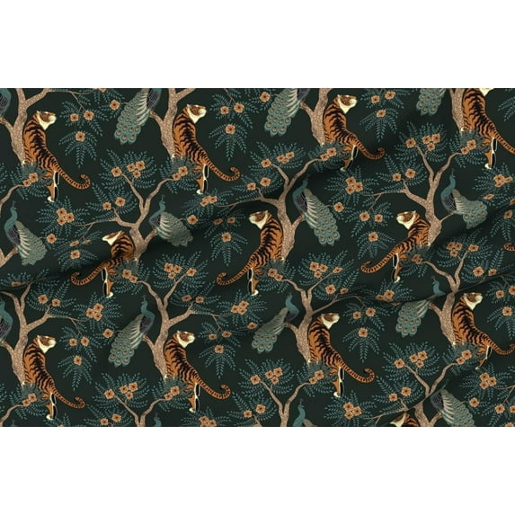 Fabric - Tiger Chinoiserie Bengal Peacock Inspired Dark Teal Orange ...