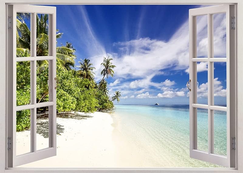 Fabric Tropical Beach Window View Backdrop Seascape Blue Sky White ...