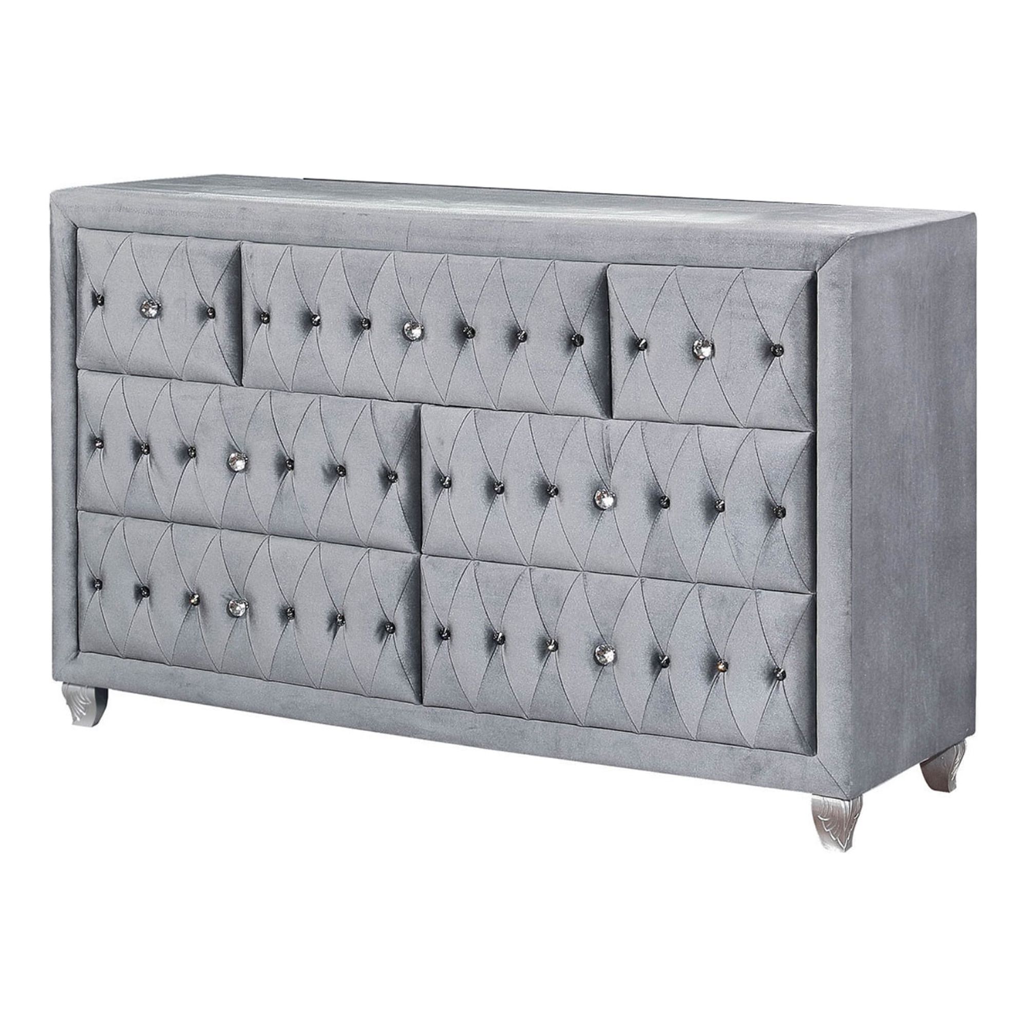 Fabric Upholstered 7 Drawer Wooden Dresser with Tufting Details, Gray ...