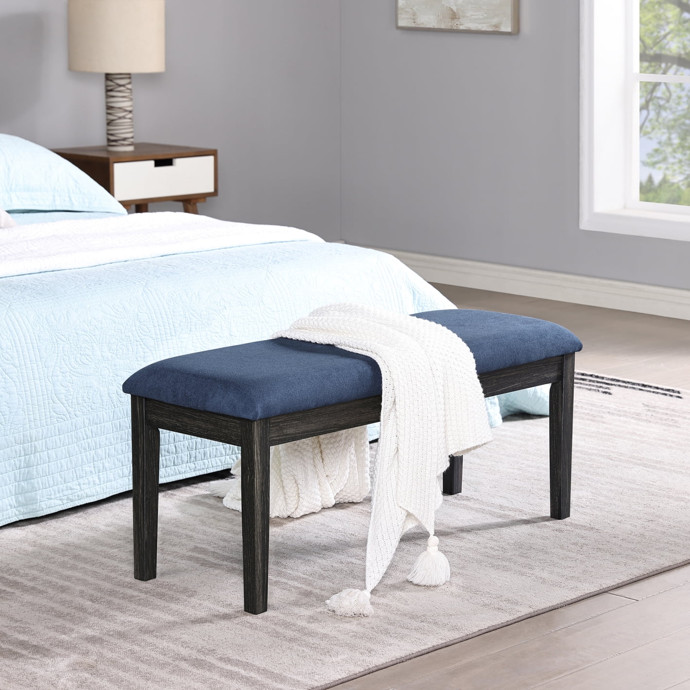 Fabric Upholstered Entryway Bench, Bedroom Bench with Rubber Wood Legs ...
