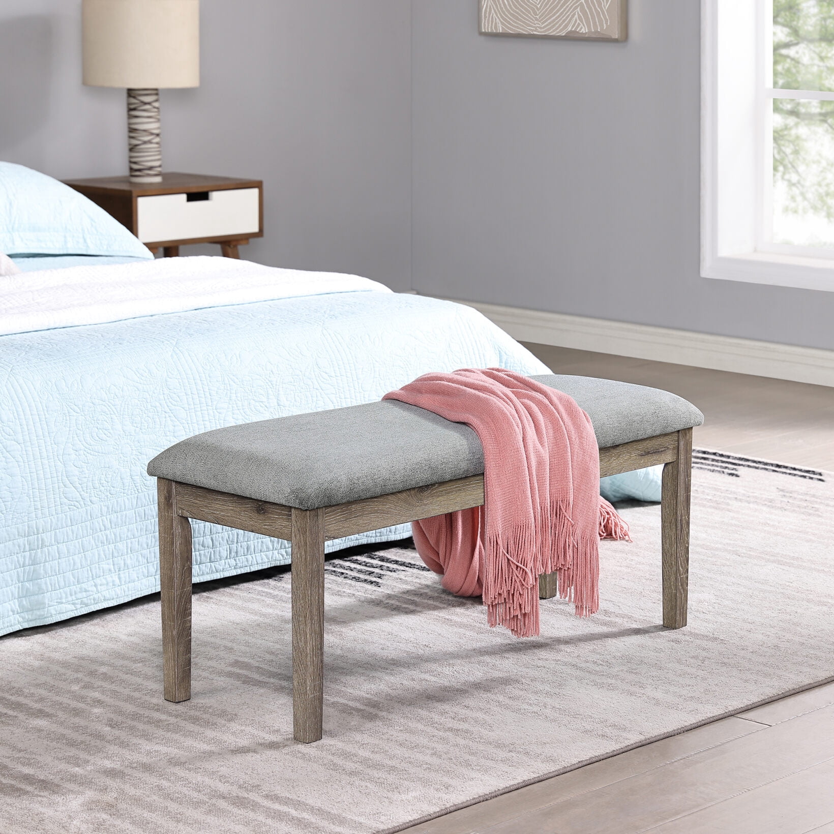 Fabric Upholstered Entryway Bench, Bedroom Bench with Rubber Wood Legs ...