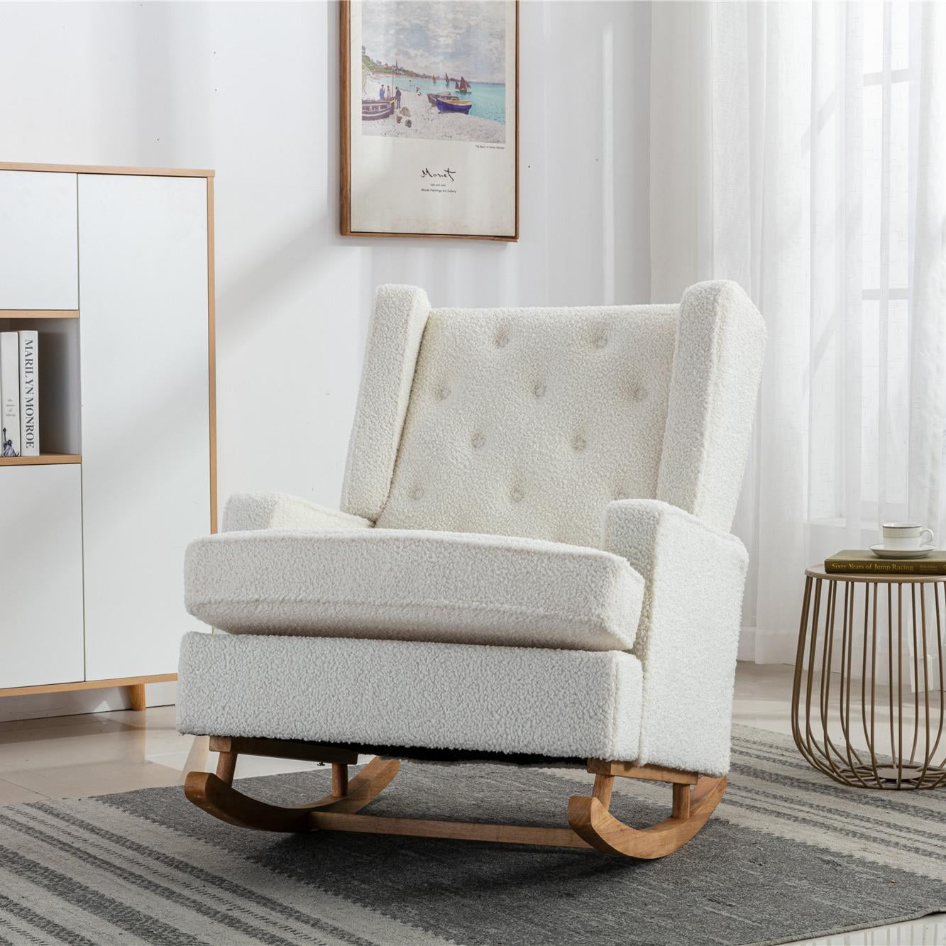 Fabric Upholstered Rocking Chair with Solid Wood Base & Side Pocket ...