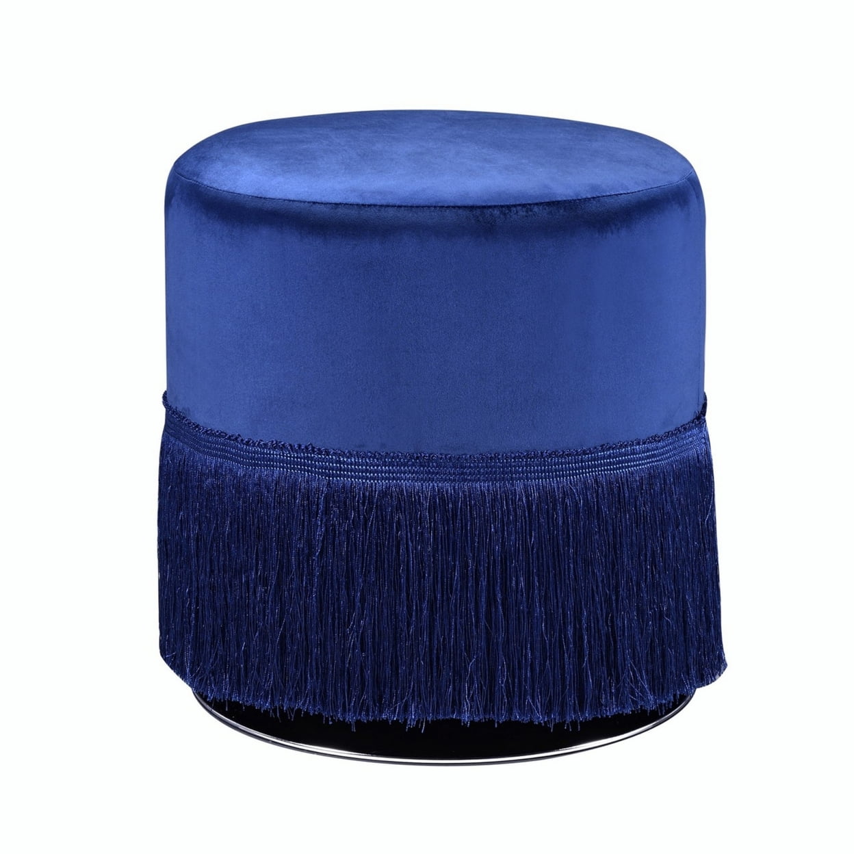 Fabric Upholstered Round Ottoman with Fringes and Metal Base, Dark Blue ...