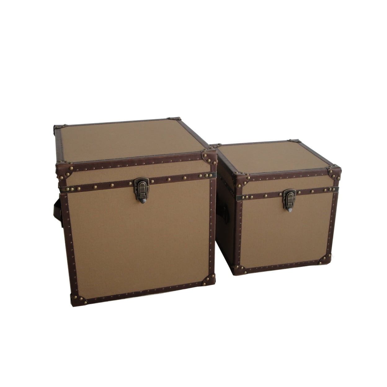 Fabric Upholstered Square Trunk with Nailhead Details, Brown, Set of 2 ...