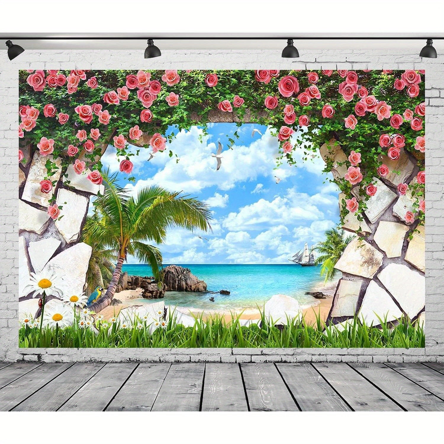 Fabric Window View of Tropical Beach Backdrop Pink Rose Flowers Stone ...