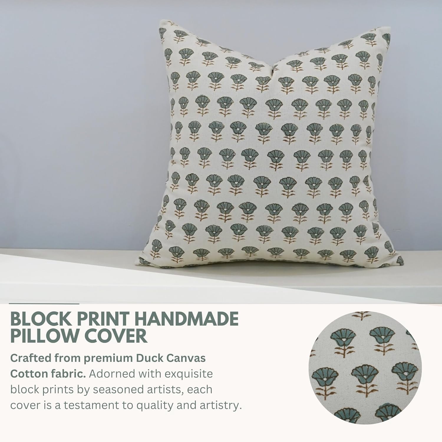 Fabritual Block Print Duck Canvas 14X14 Throw Pillowcase Cushion Cover ...