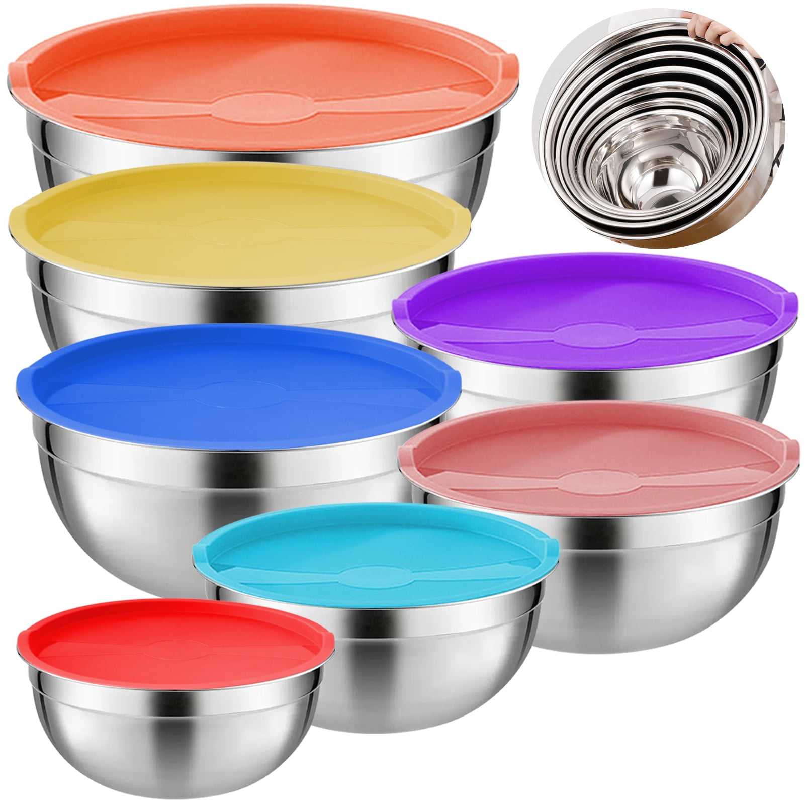 Fabulas BPA-Free Metal Mixing Bowls with Lids Set (Set of 7), Stainless ...