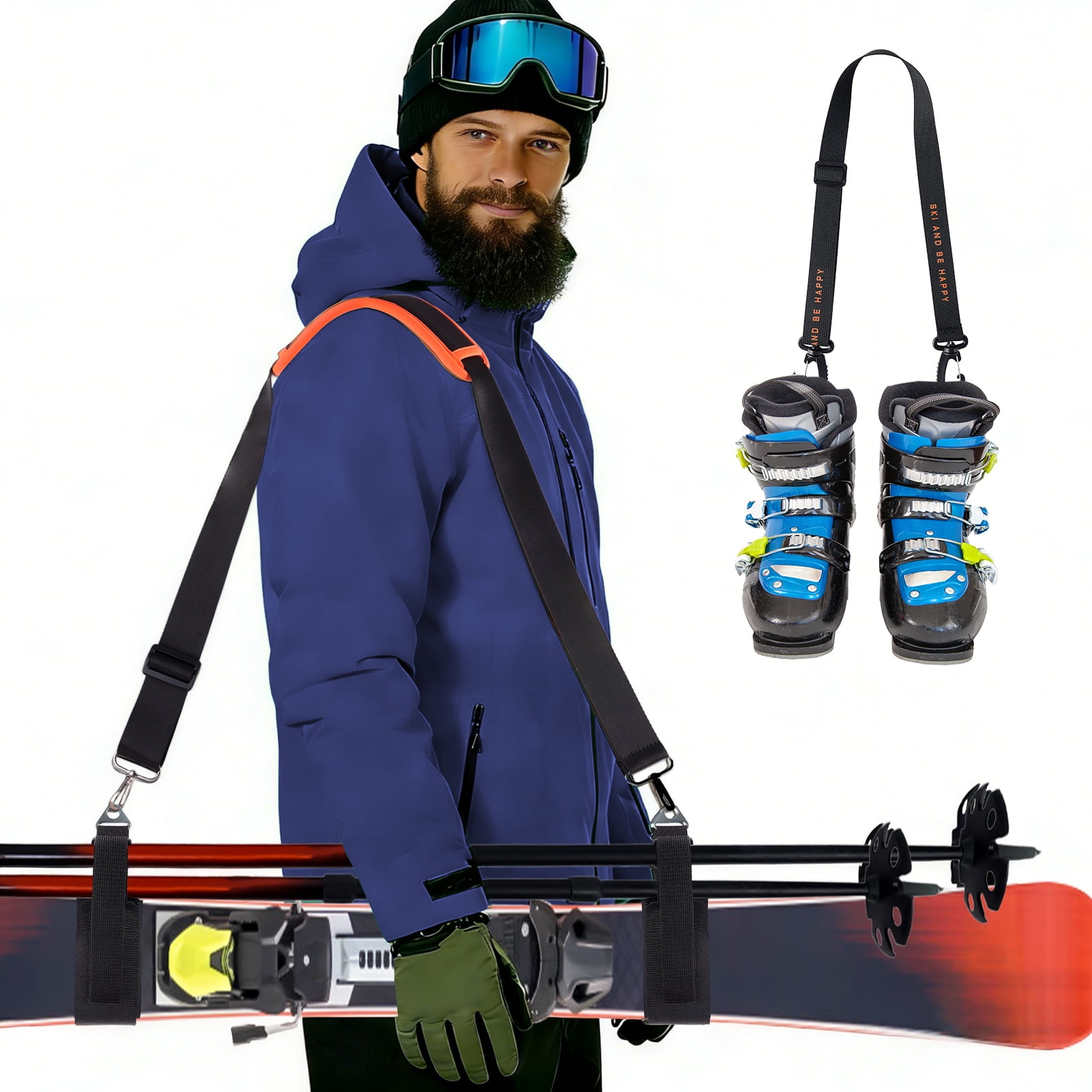 Fabulas Ski Strap and Pole Carrier, Adjustable Ski Carrier Straps with ...