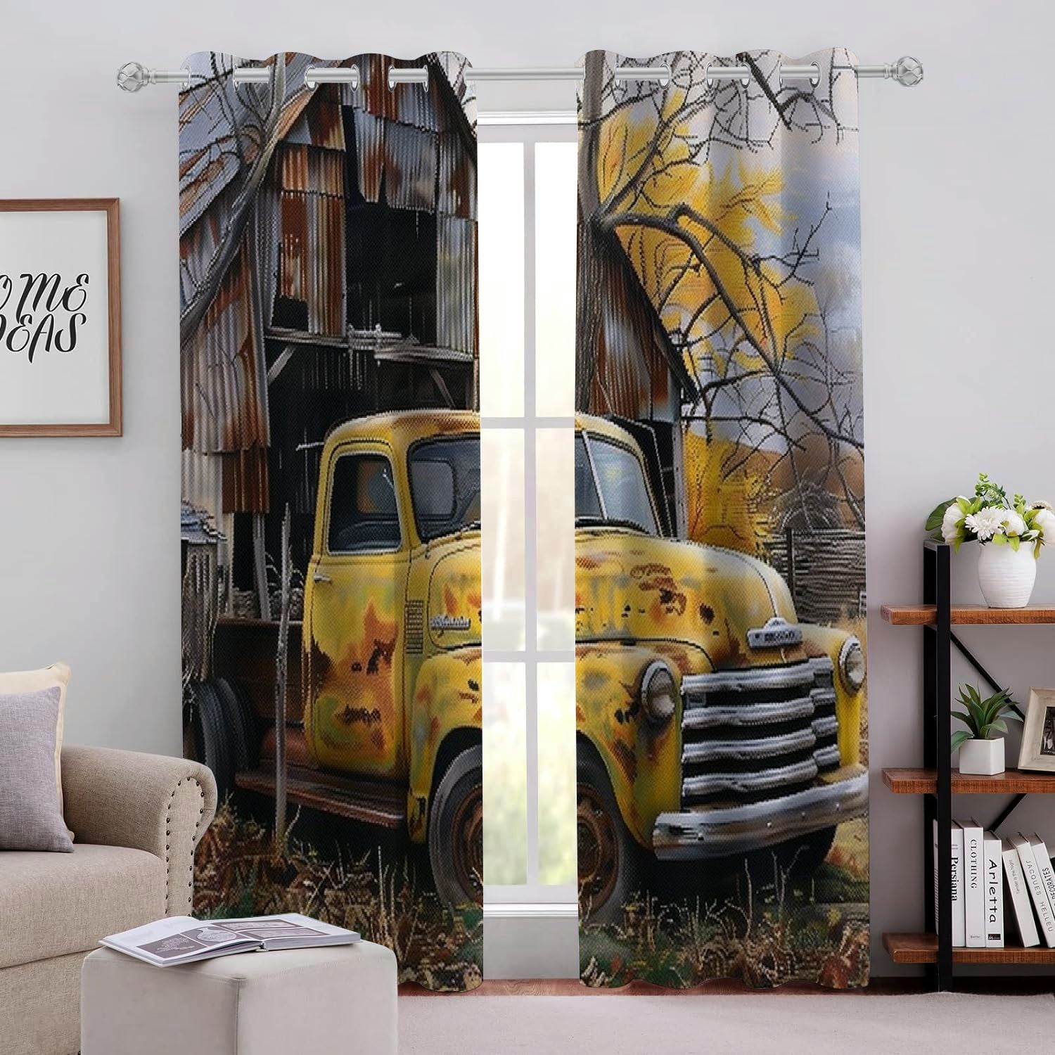Facannap Barn Truck Tree Perforated Blackout Curtains 2-Pack - Light ...