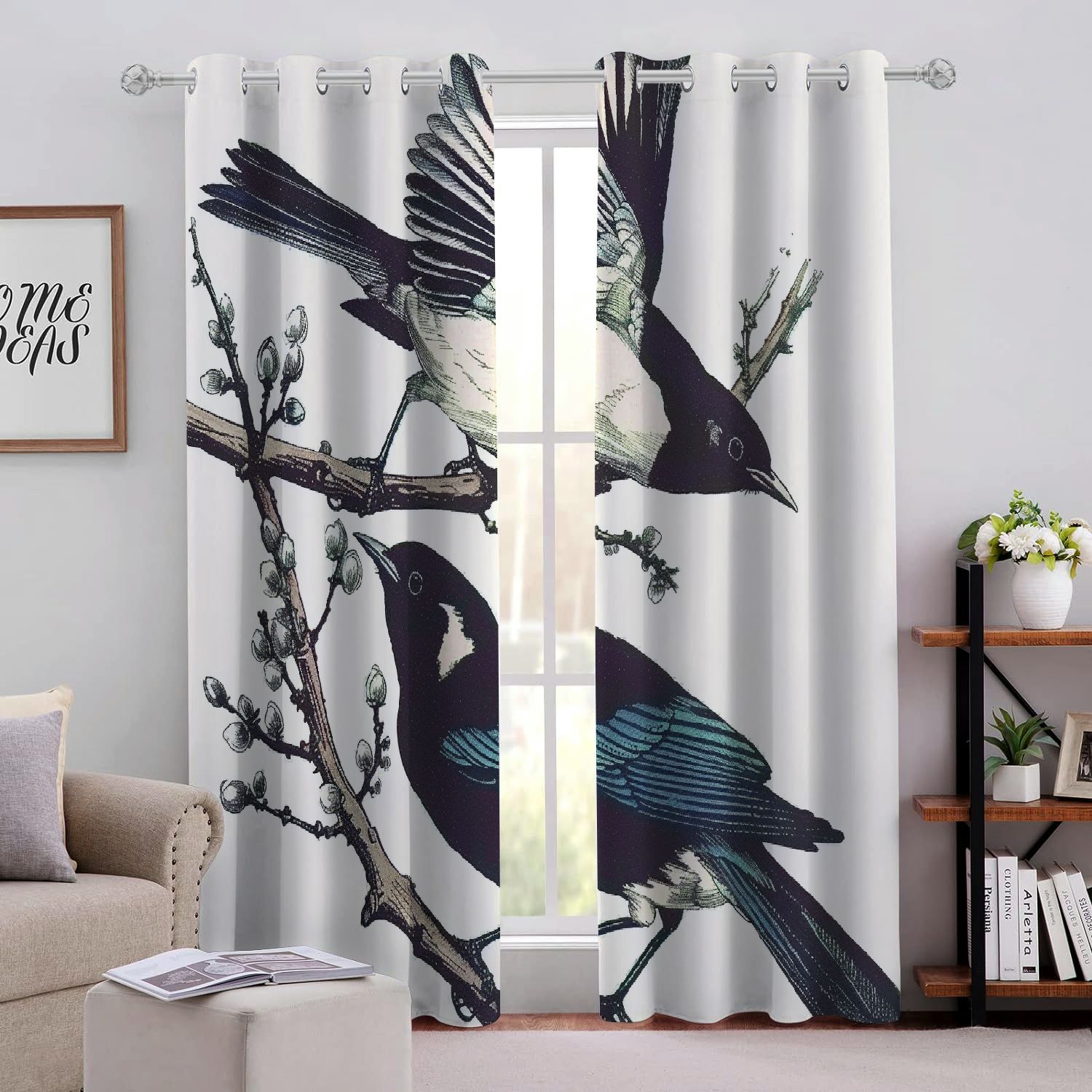 Facannap Birds Branch Illustration Perforated Blackout Curtains 2-Pack ...