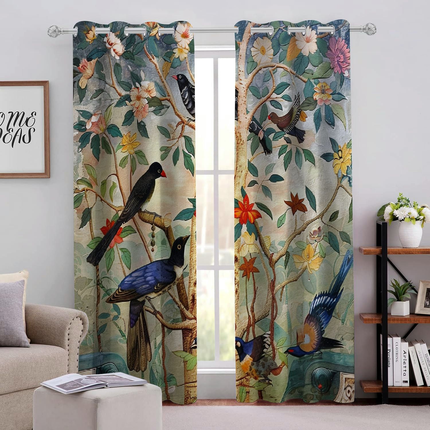 Facannap Birds Tree Flowers Perforated Blackout Curtains 2-Pack Silver ...