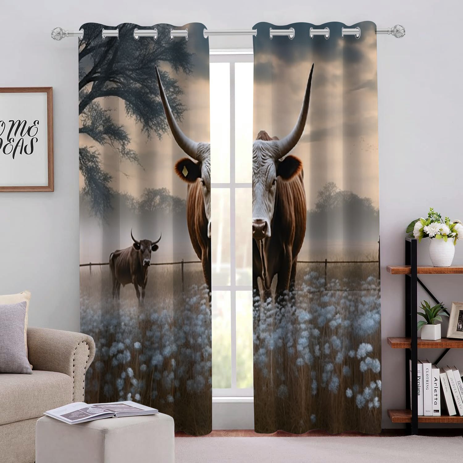 Facannap Cow Perforated Light Blocking Curtains 2-Pack Oxford Fabric ...