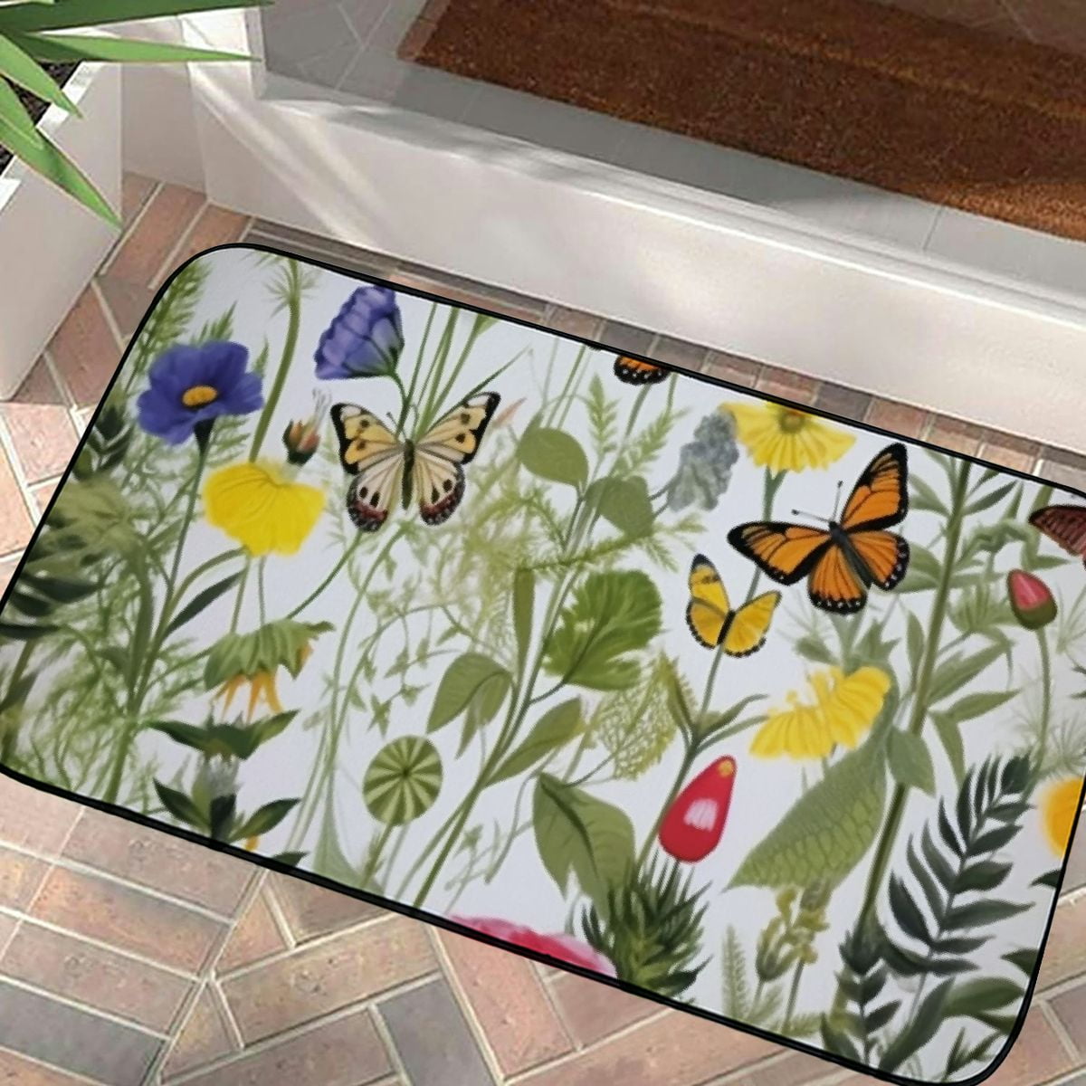 Facannap Flowers Butterflies Square Door Mat Entrance Doormat Burlap ...