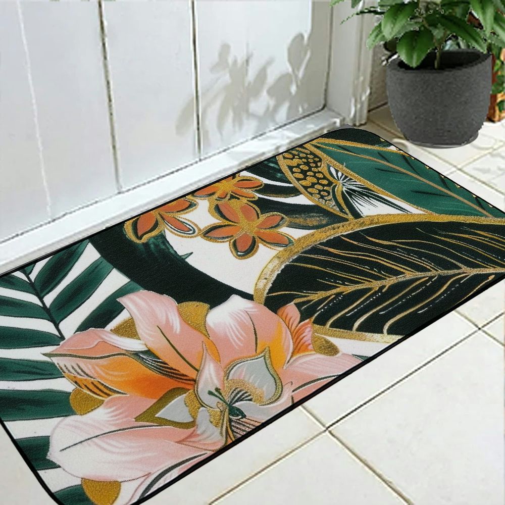 Facannap Flowers Leaves Gold Border Square Door Mat for Home Entrance ...
