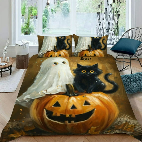 Facannap Ghost Cat Pumpkin Halloween 3-Piece Bedding Set (Single-Sided ...