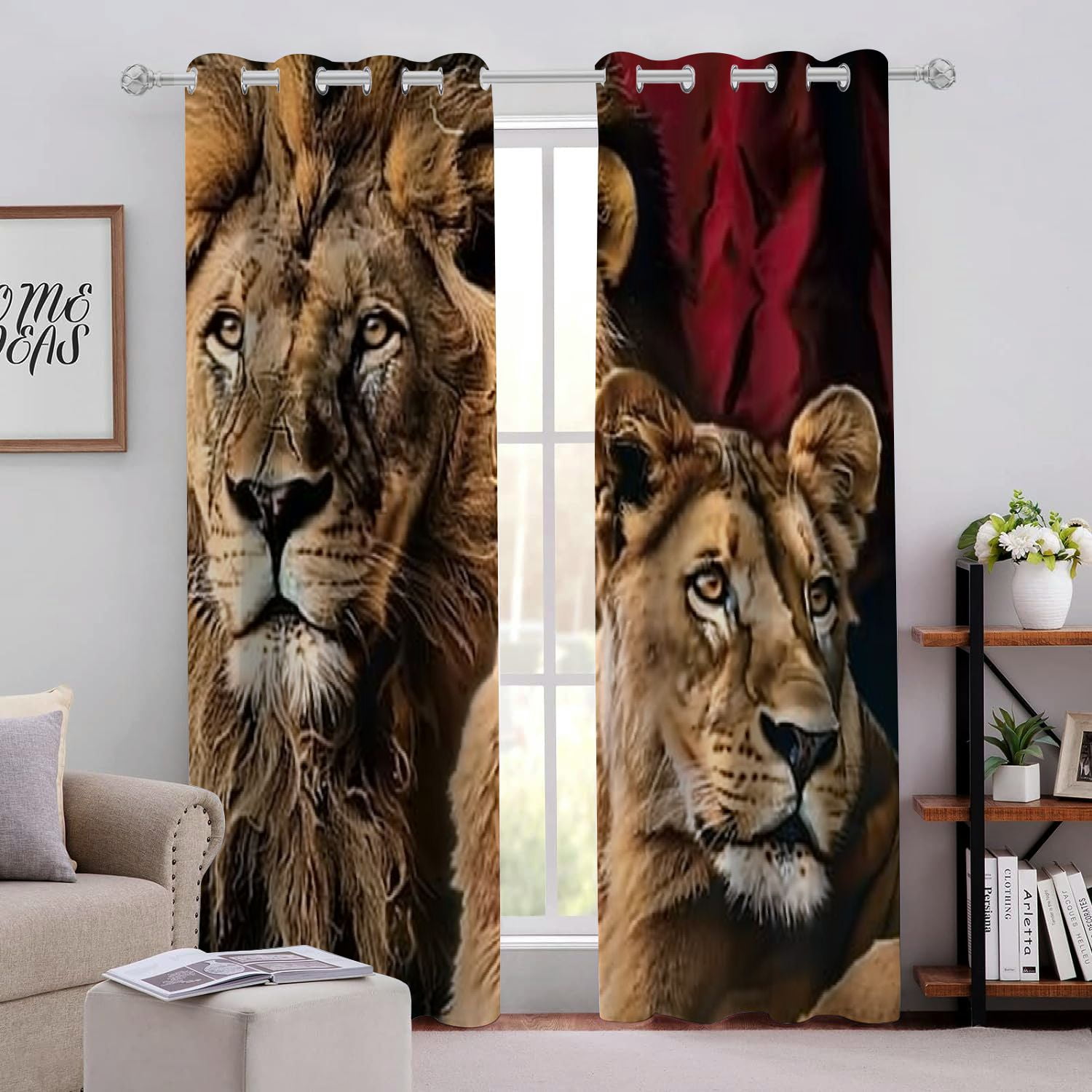 Facannap Lion Lioness Oil Painting Perforated Blackout Curtains 2-Pack ...