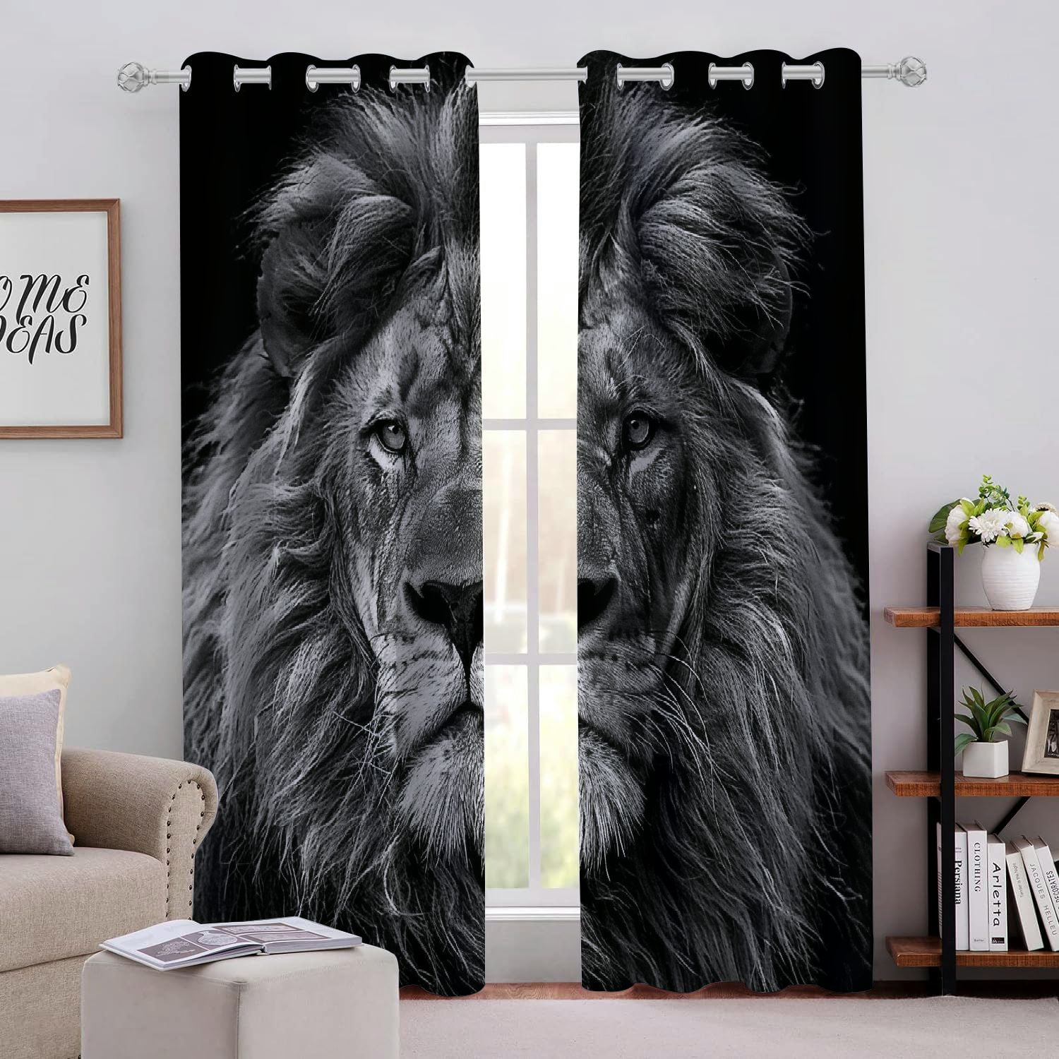 Facannap Lion Perforated Blackout Curtains 2-Pack Fashionable Thermal ...