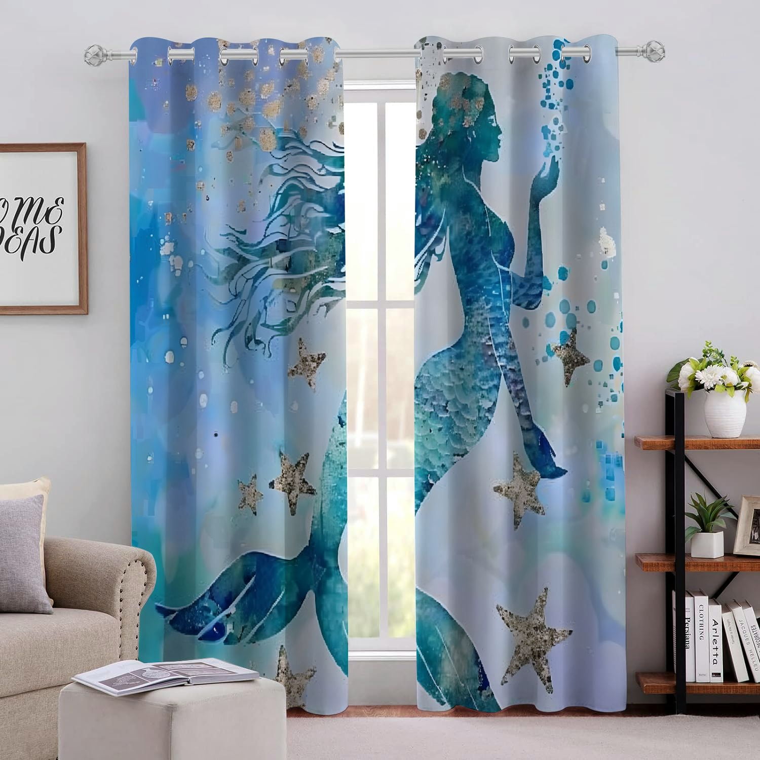 Facannap Mermaid Starfish Blue Perforated Blackout Curtains 2-Pack ...