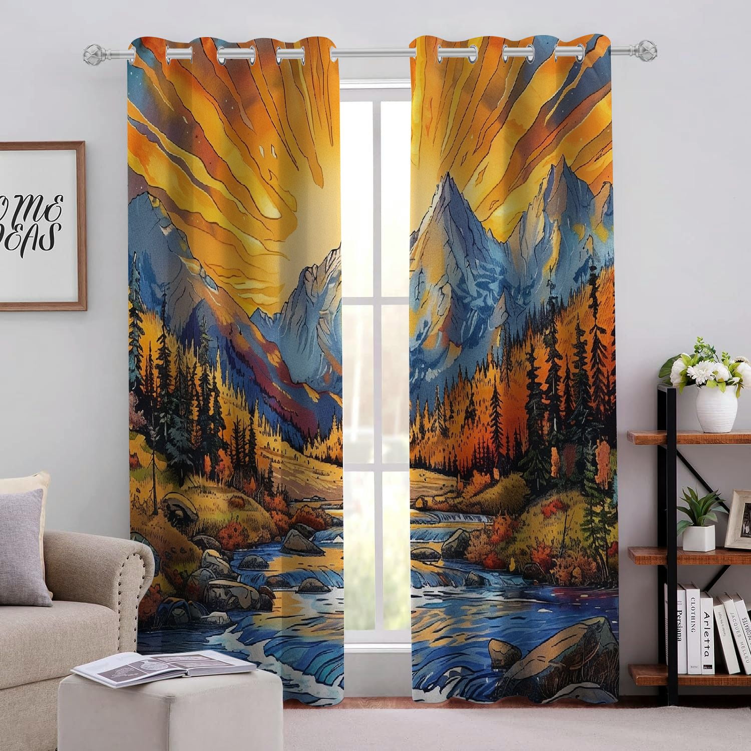 Facannap Mountain River Trees Perforated Light Blocking Curtains 2-Pack ...