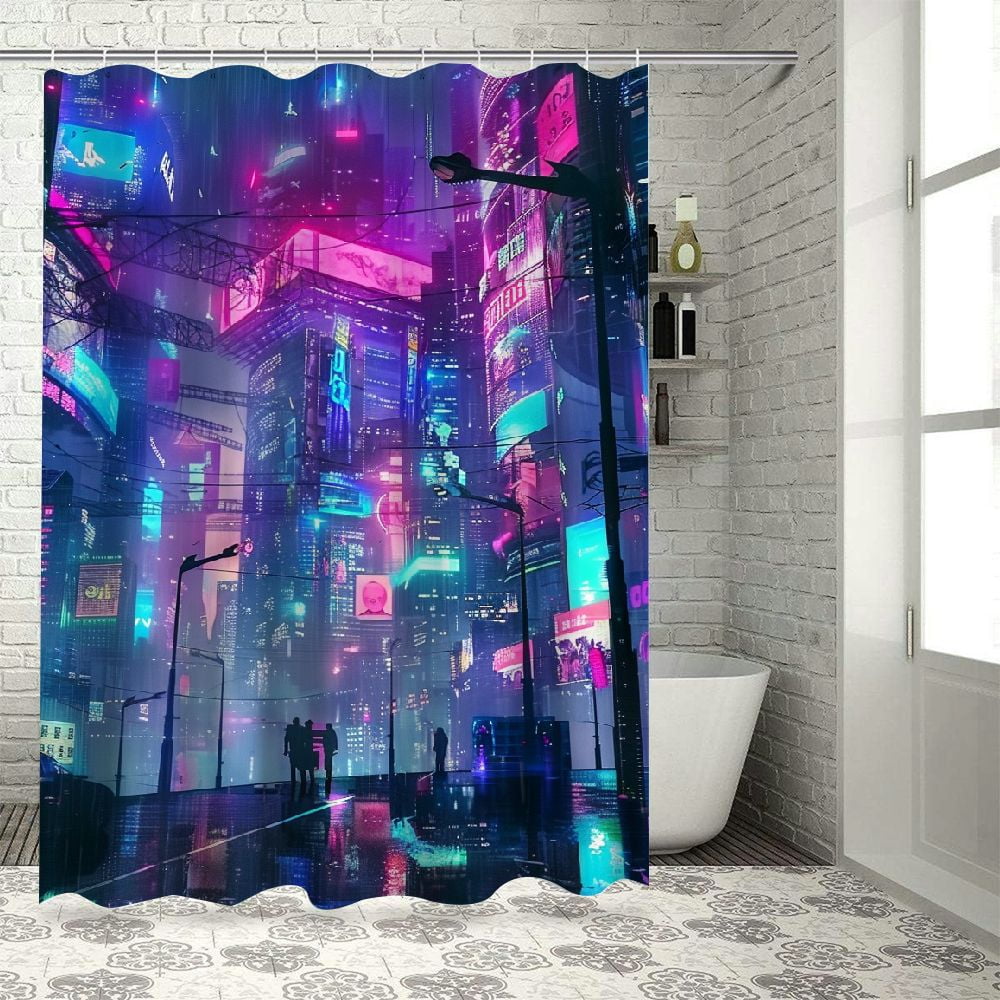 Facannap Neon Lights Futuristic City Cyberpunk Art Waterproof Shower ...