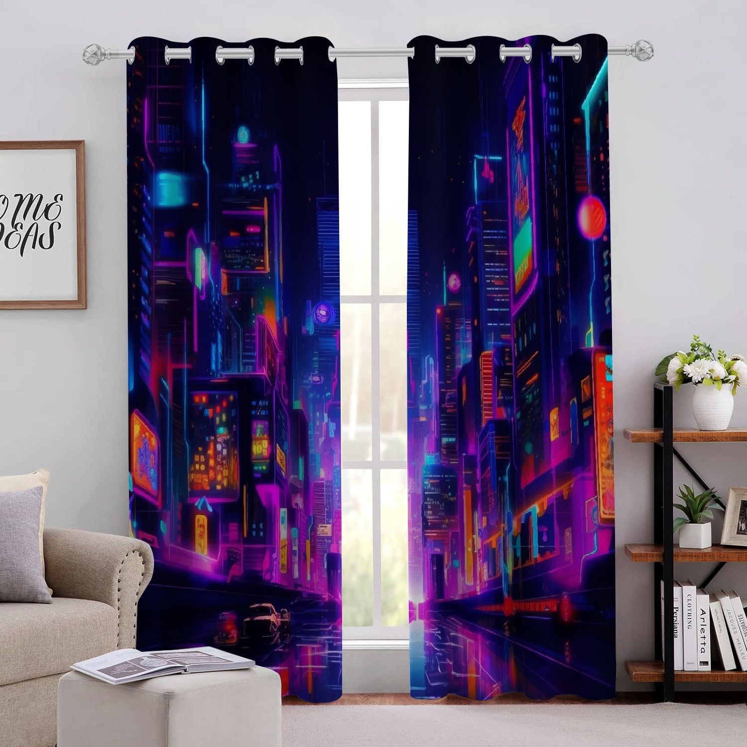 Facannap Neon Lights Futuristic Cyberpunk Perforated Blackout Curtains ...