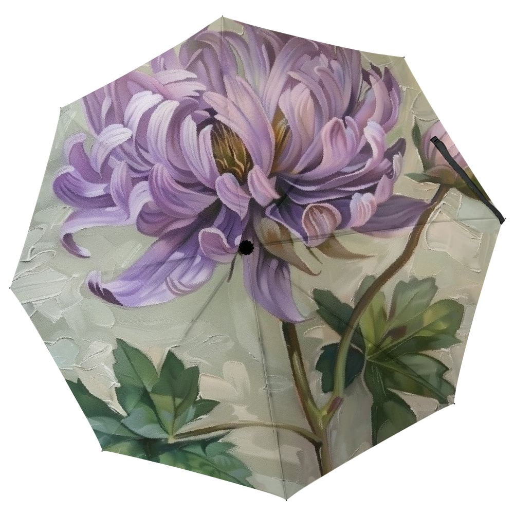 Facannap Purple Flower Leaves Three-Fold Automatic Umbrella for Outdoor ...