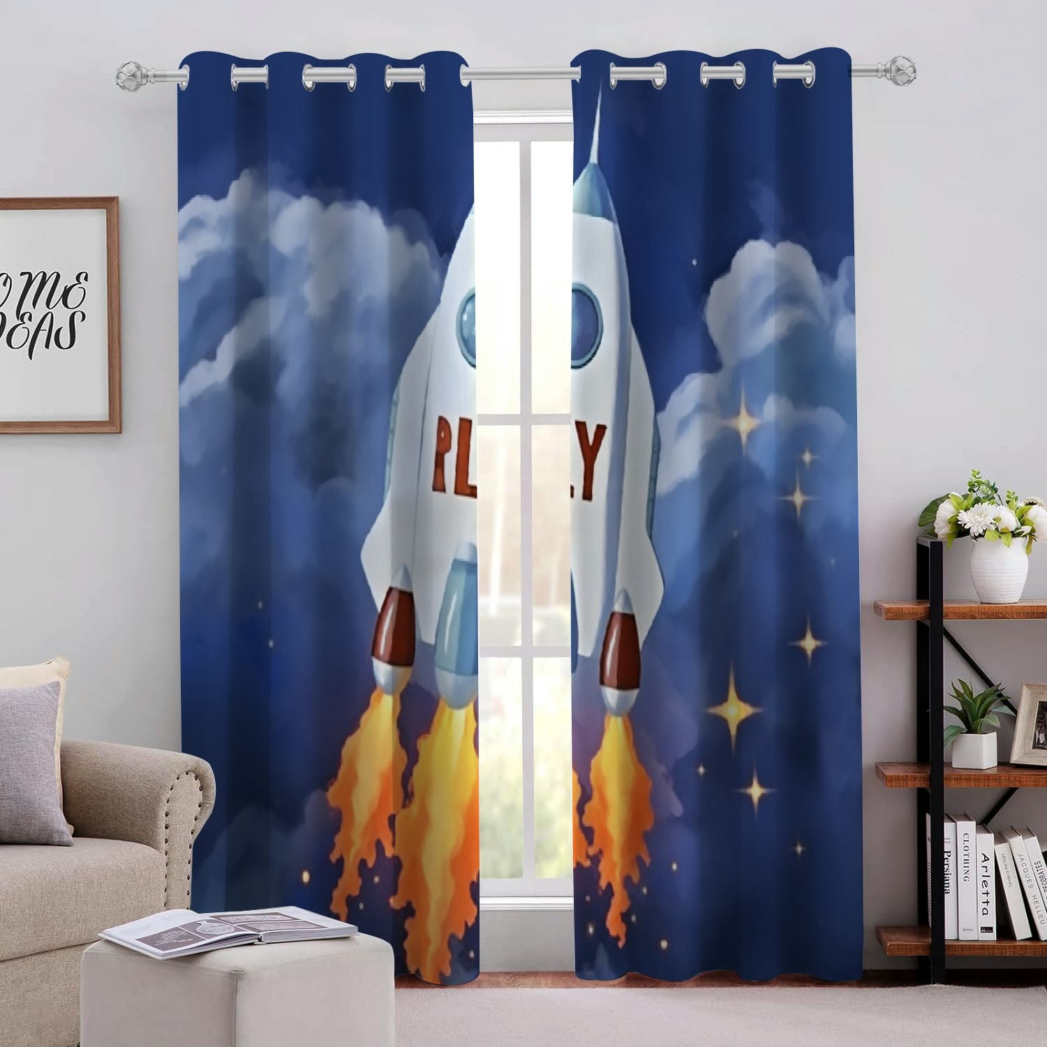 Facannap Rocket Ship Perforated Blackout Curtains 2-Pack for Light ...