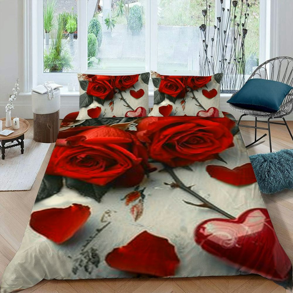 Facannap Roses Hearts Romanticism 3-Piece Bedding Set (Single-Sided ...