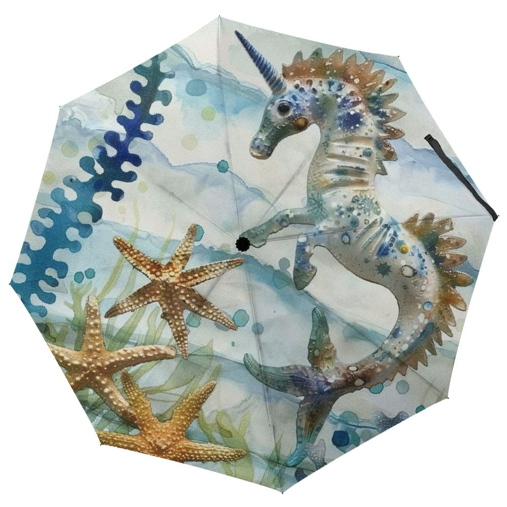 Facannap Sea Horse Starfish Sandy Beach 3-Fold Automatic Umbrella for ...