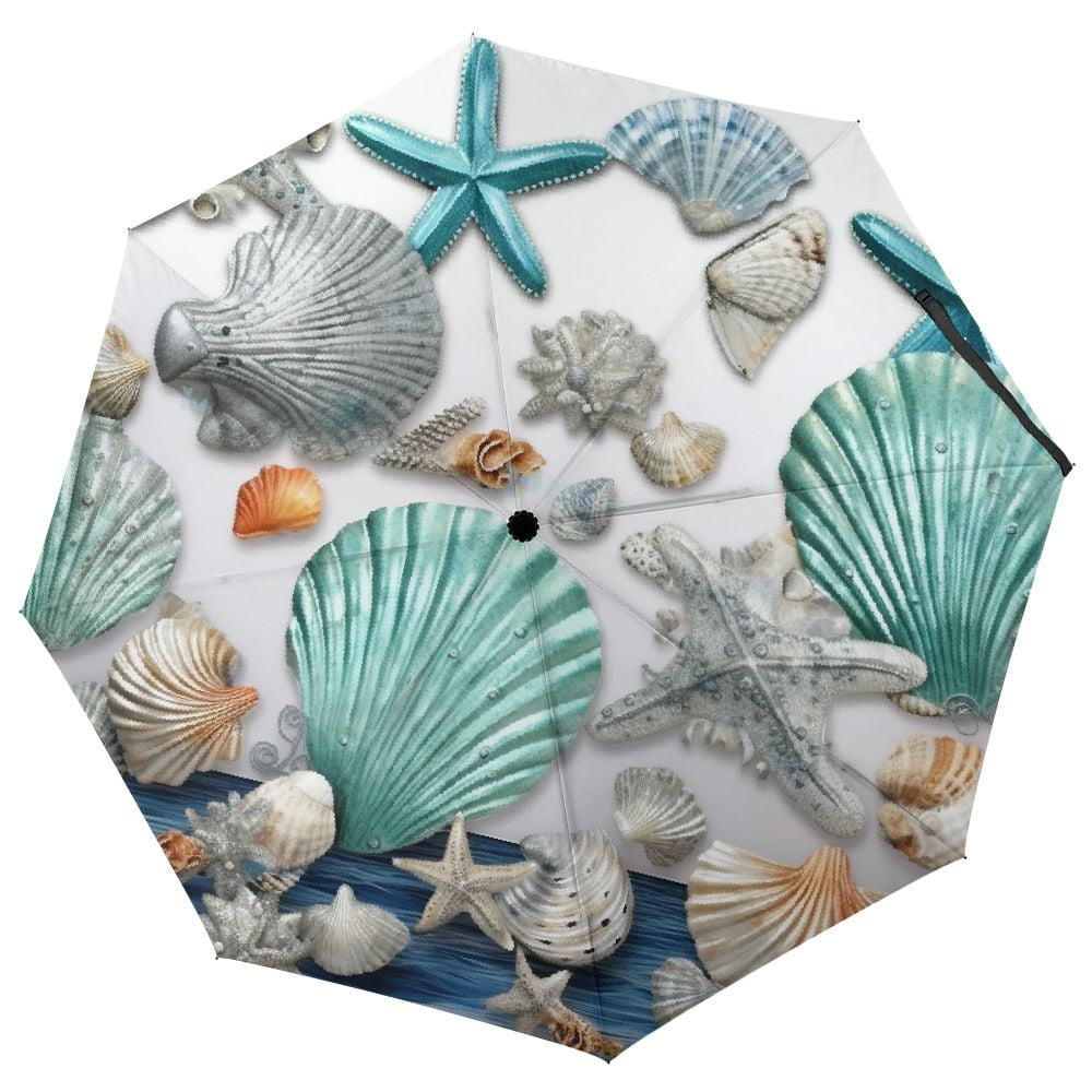 Facannap Sea Shells Starfish Seaweed Three-Fold Automatic Umbrella for ...