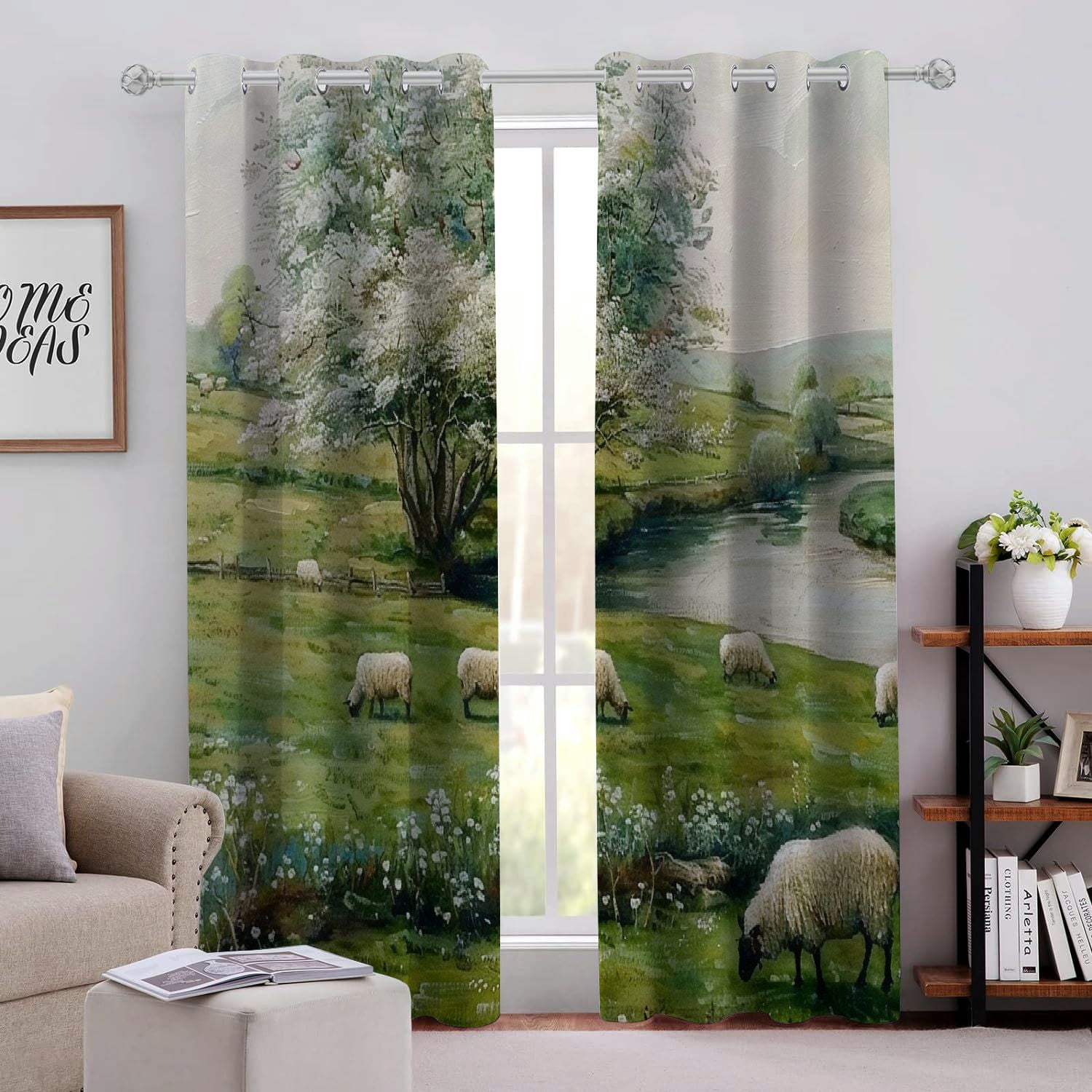 Facannap Sheep Field River Perforated Blackout Curtains 2-Pack - Light ...