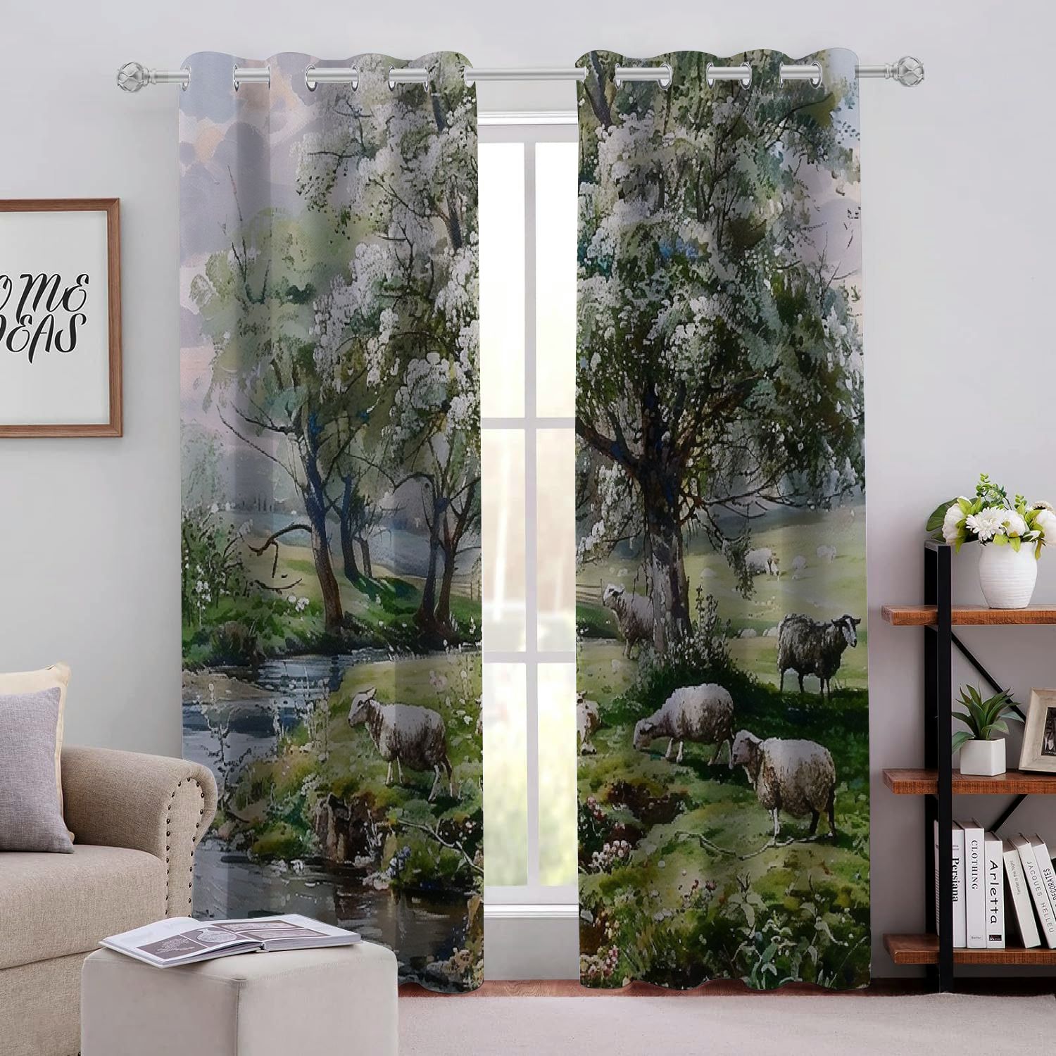 Facannap Sheep Tree River Perforated Blackout Curtains 2-Pack - Light ...