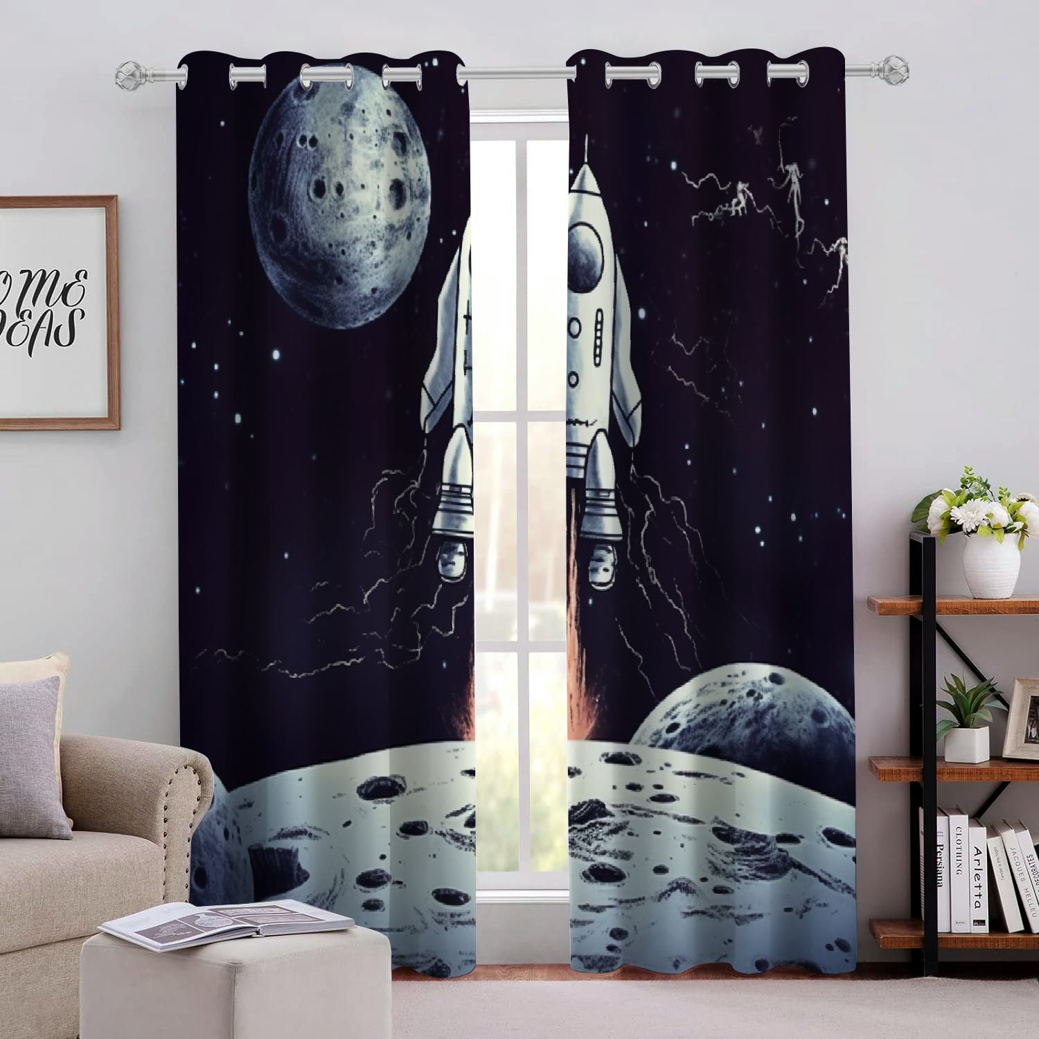 Facannap Space Shuttle Rocket Ship Moon Perforated Blackout Curtains 2 ...