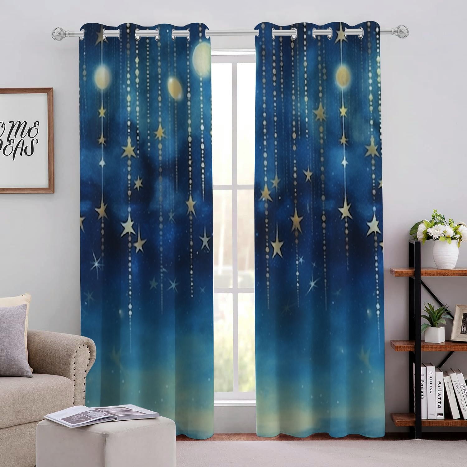 Facannap Stars Moon Sky Perforated Light Blocking Curtains 2-Pack ...