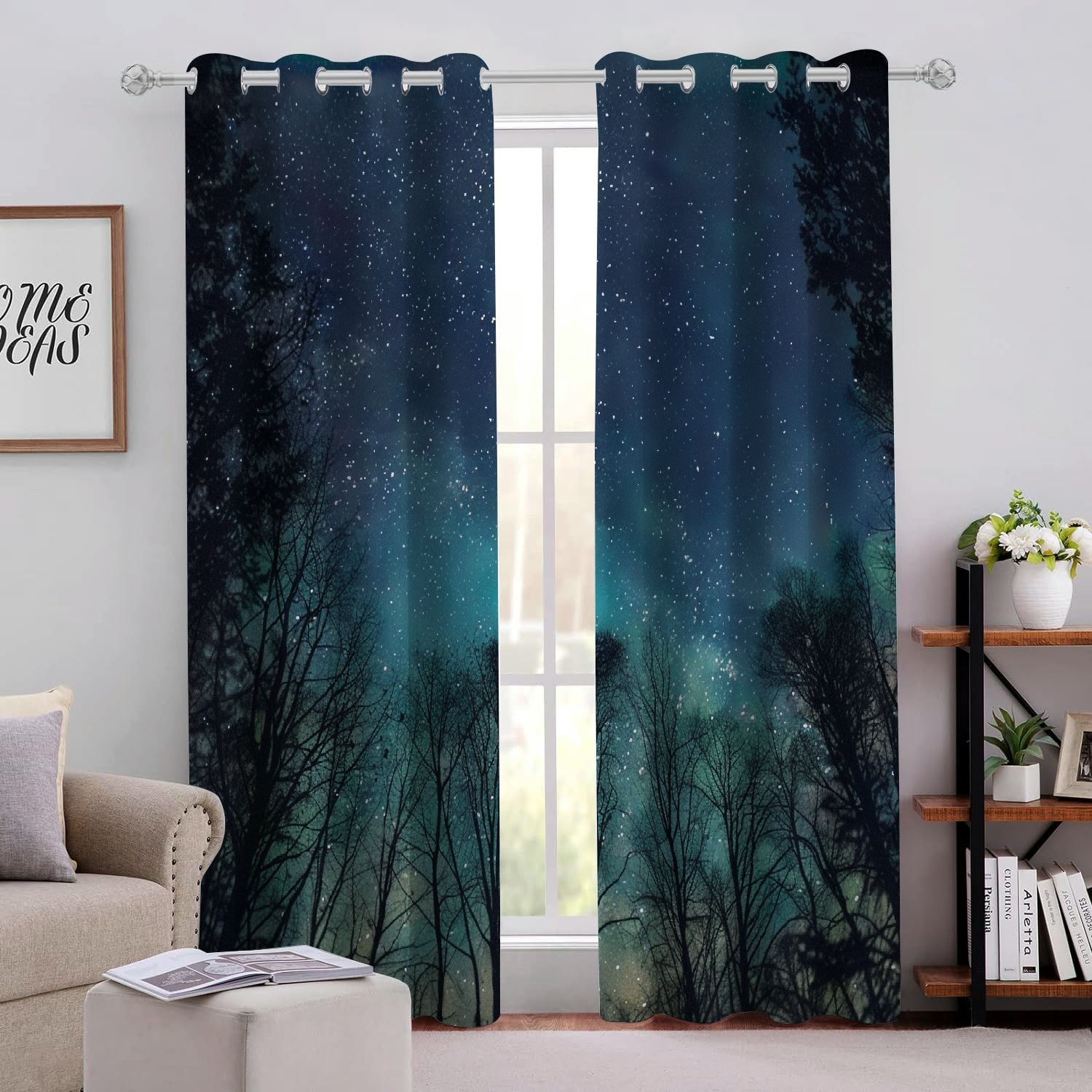 Facannap Stars Trees Night Sky Perforated Light Blocking Curtains 2 ...