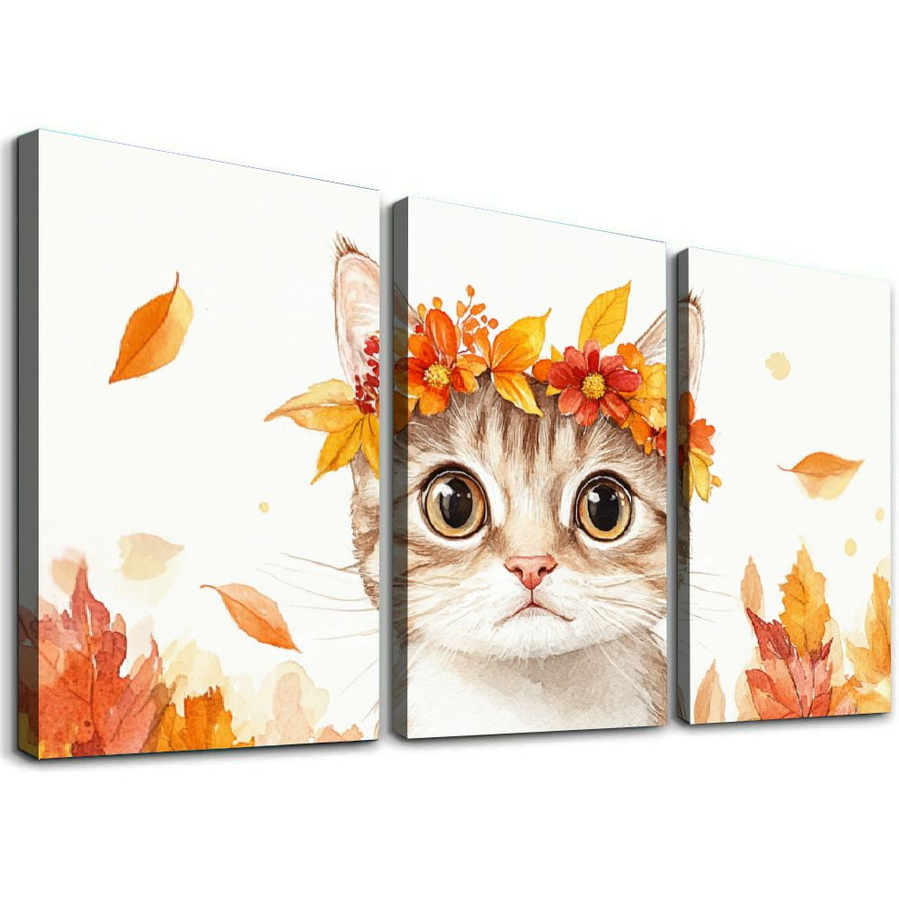 Facannap Thanksgiving Cat Pumpkin Maple Leaves Art Wall Decor 12x16in ...