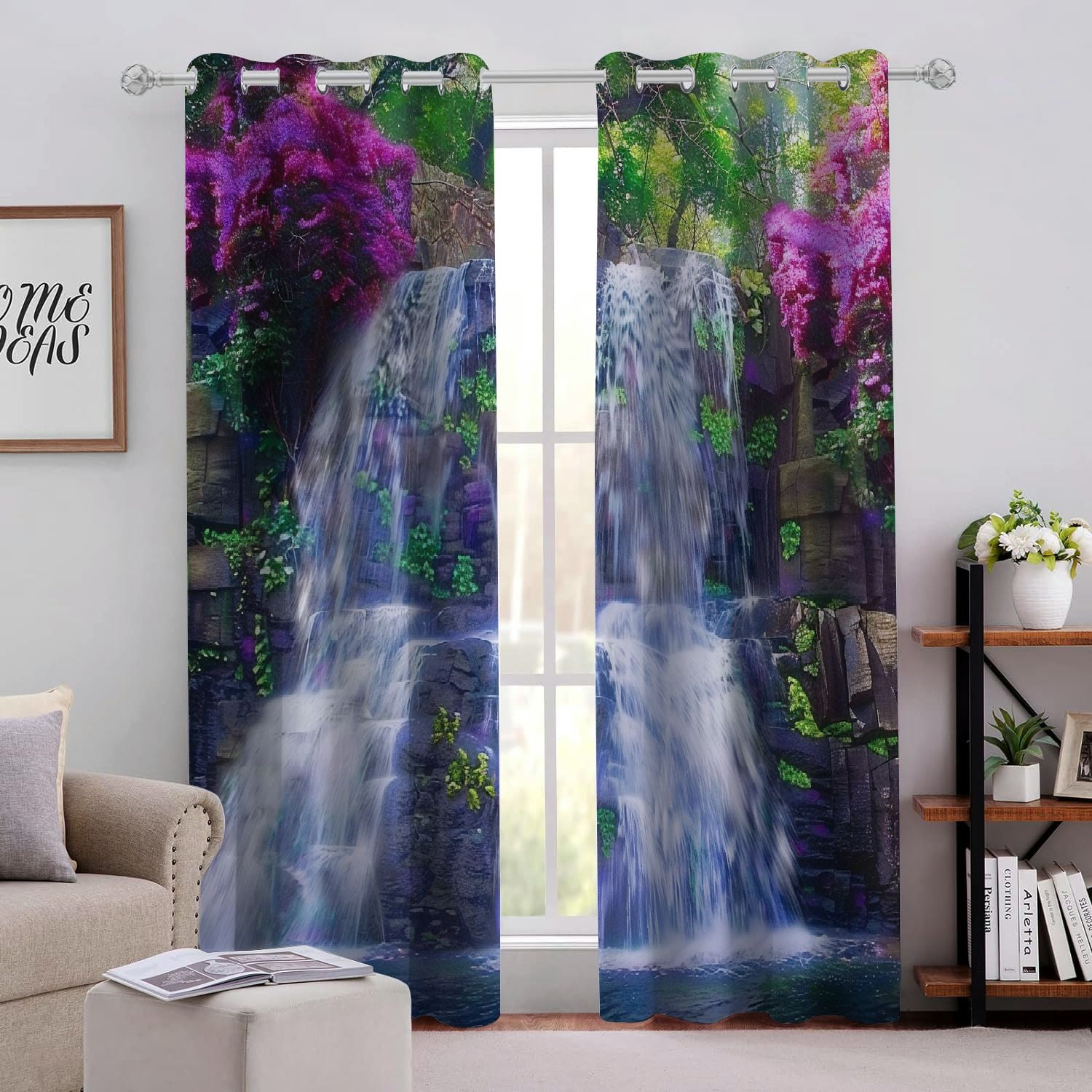 Facannap Waterfall Flowers Forest Perforated Blackout Curtains 2-Pack ...