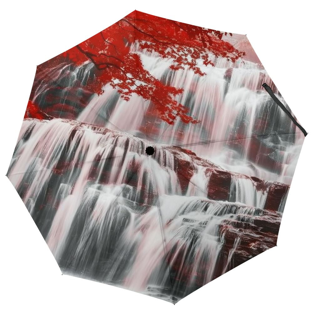Facannap Waterfall Red Leaves Red Tree Three-Fold Automatic Umbrella ...