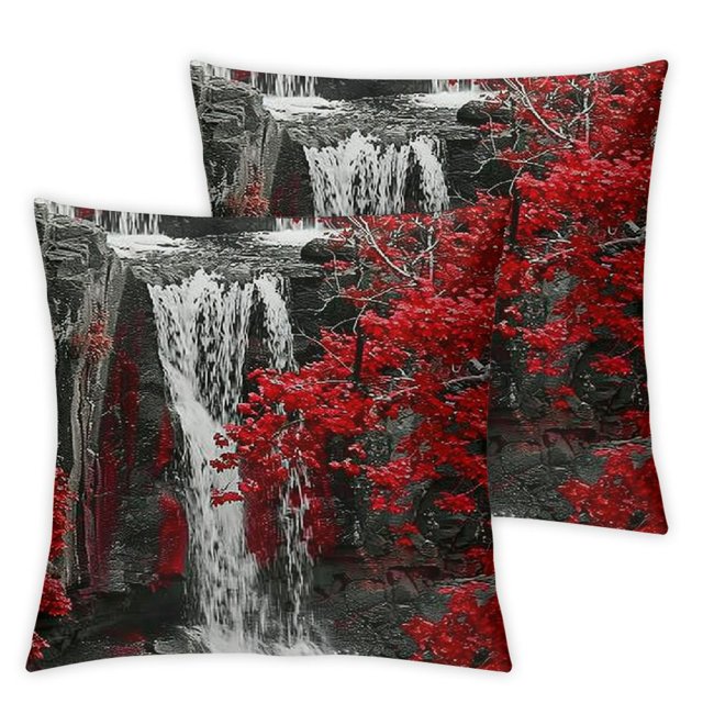 Facannap Waterfall Red Trees Short Plush Pillowcase Set of 2 Square ...