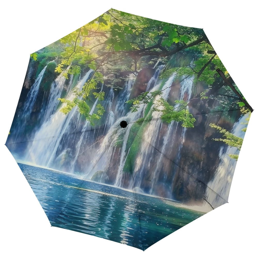 Facannap Waterfall Woods Lake Three-Fold Automatic Umbrella for Outdoor ...